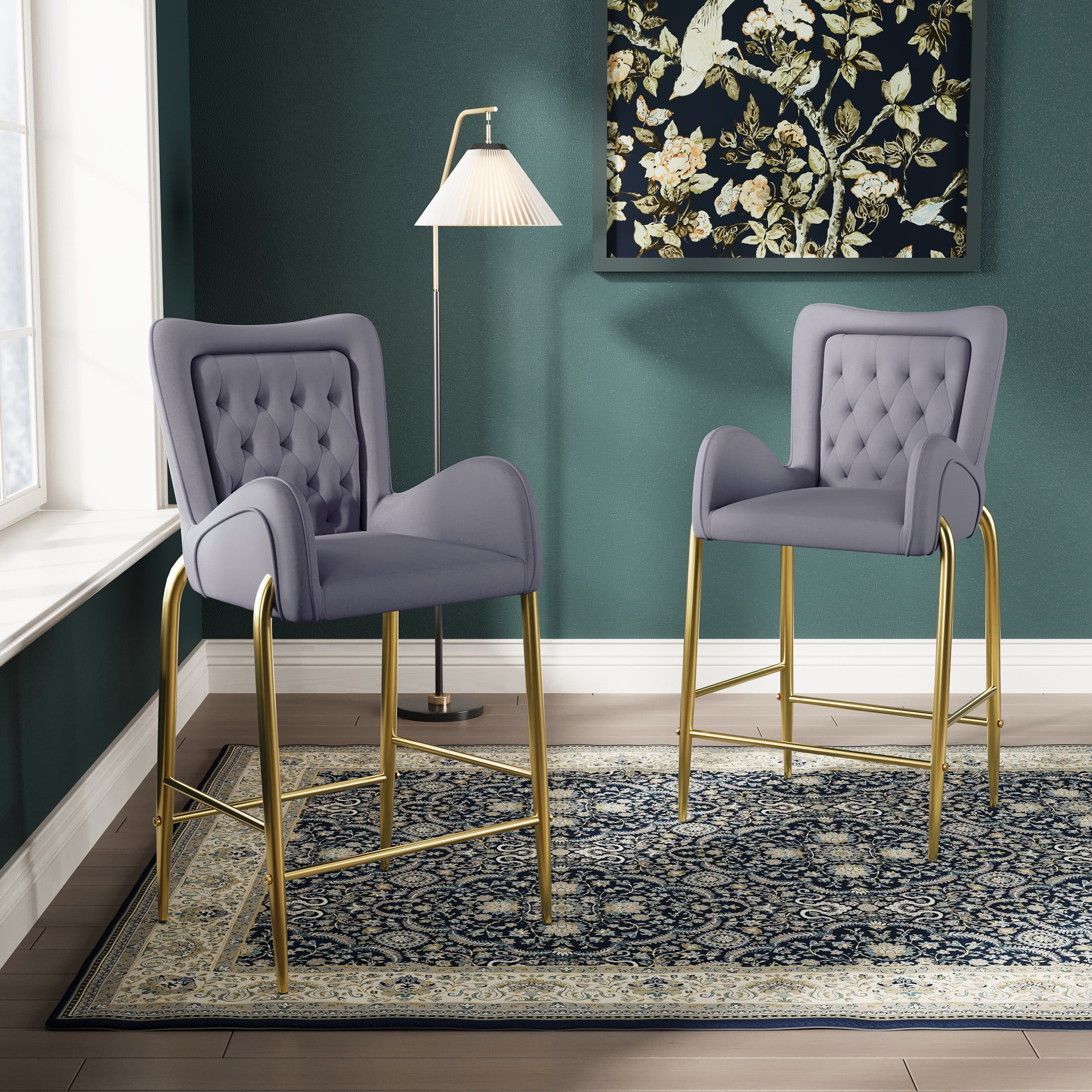 Velvet Counter Height Bar Stools with Golden Metal Frame & Tufted Back ...