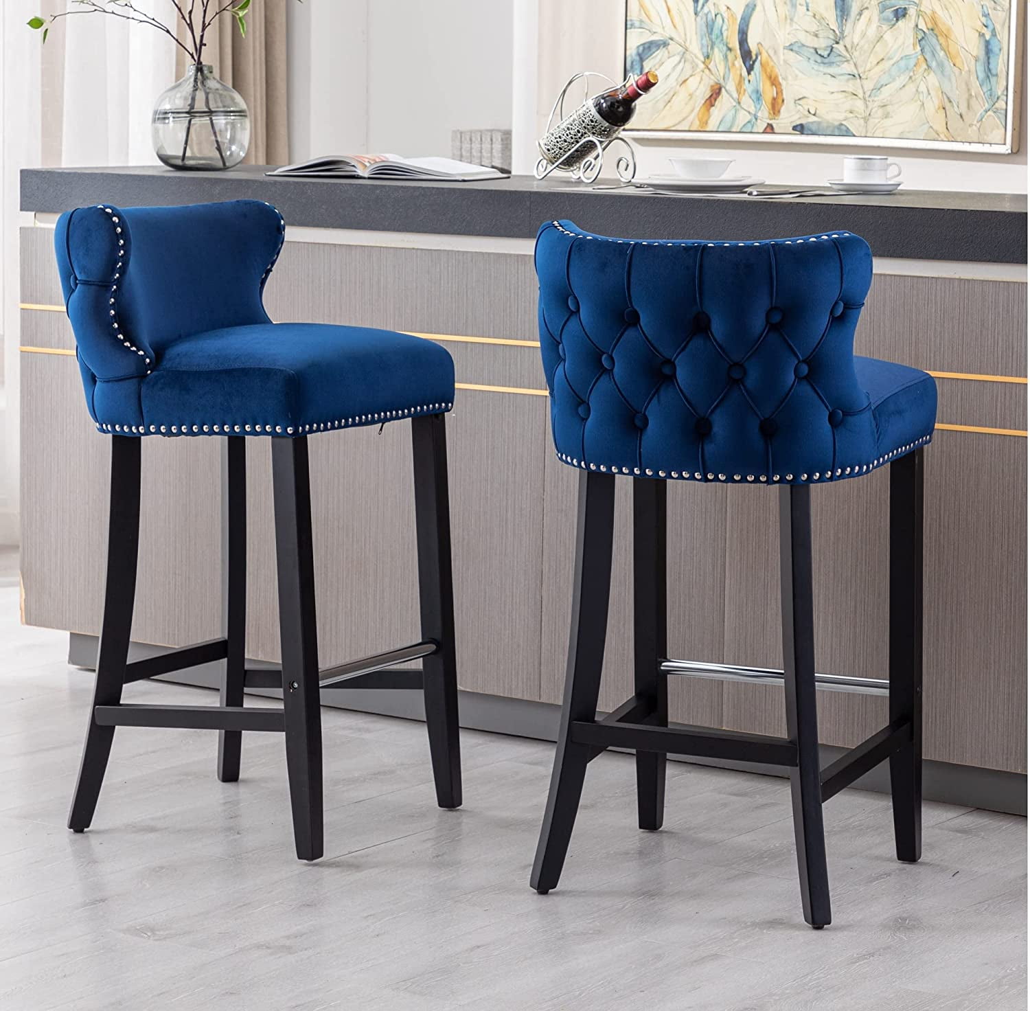 Velvet Counter Height Chairs Button Tufted Stools with Back and ...
