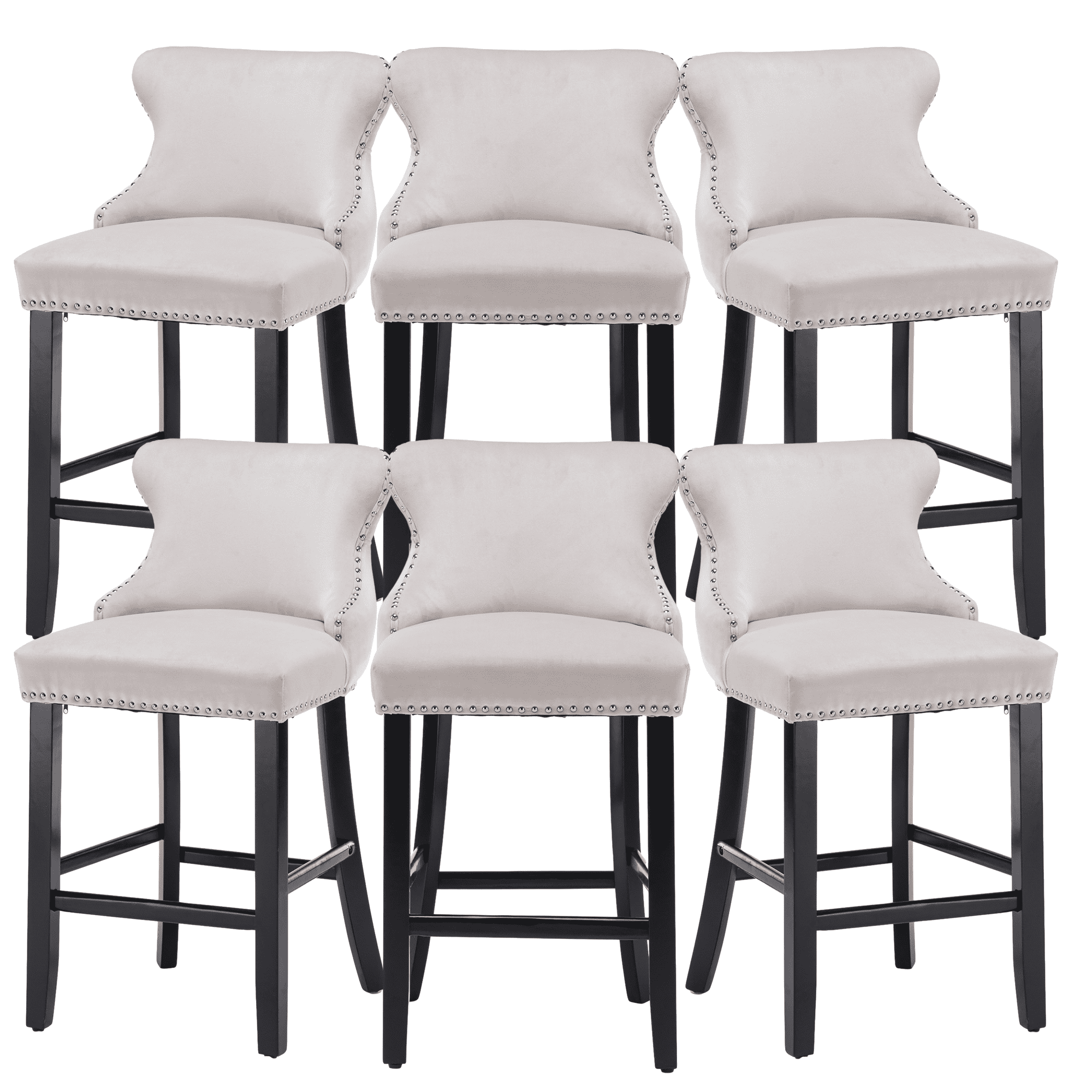 Velvet Upholstered Barstools, 27" Seat Height, Solid Wood Legs, Button ...