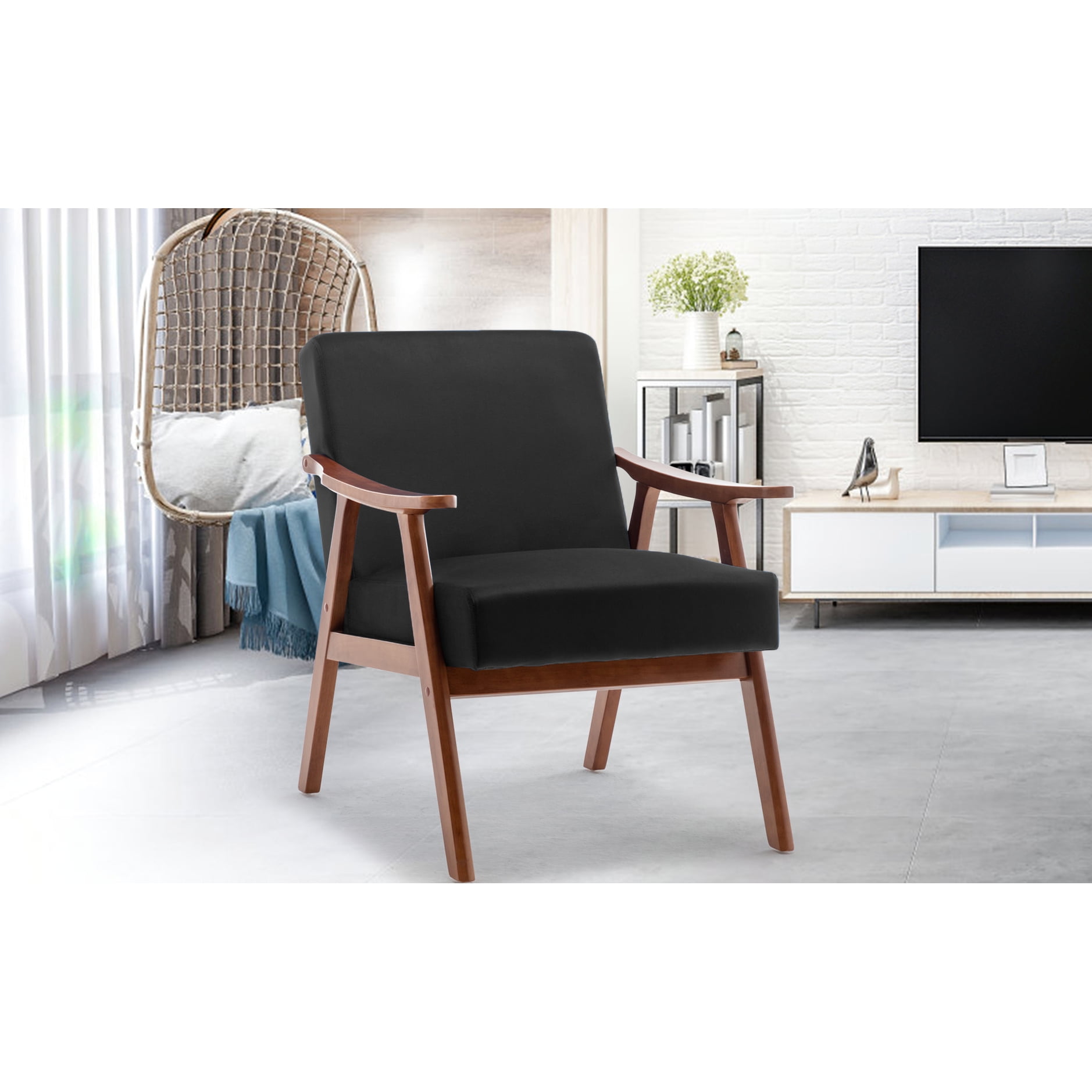 Velvet Covered Accent Chair With A Graceful Curve And Solid Frame Mid-century Style Wingback ...