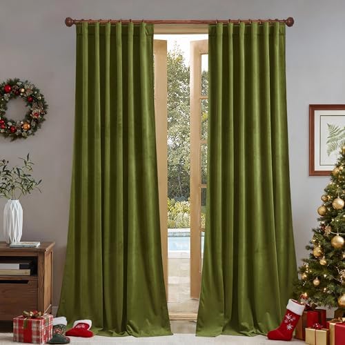 Velvet Curtains 10 ft Long - Extra Long Back Tab Olive Green Curtains ...