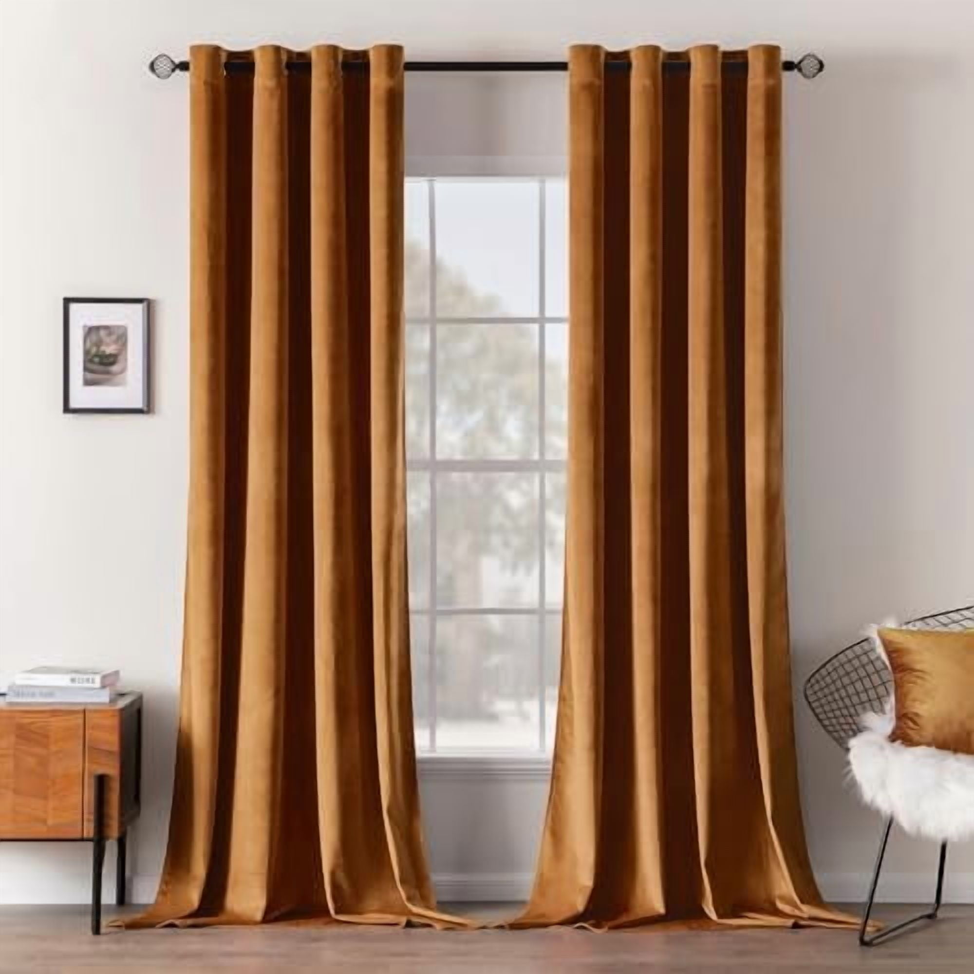 Velvet Curtains Gold Brown Elegant Grommet Curtains Thermal Insulated ...