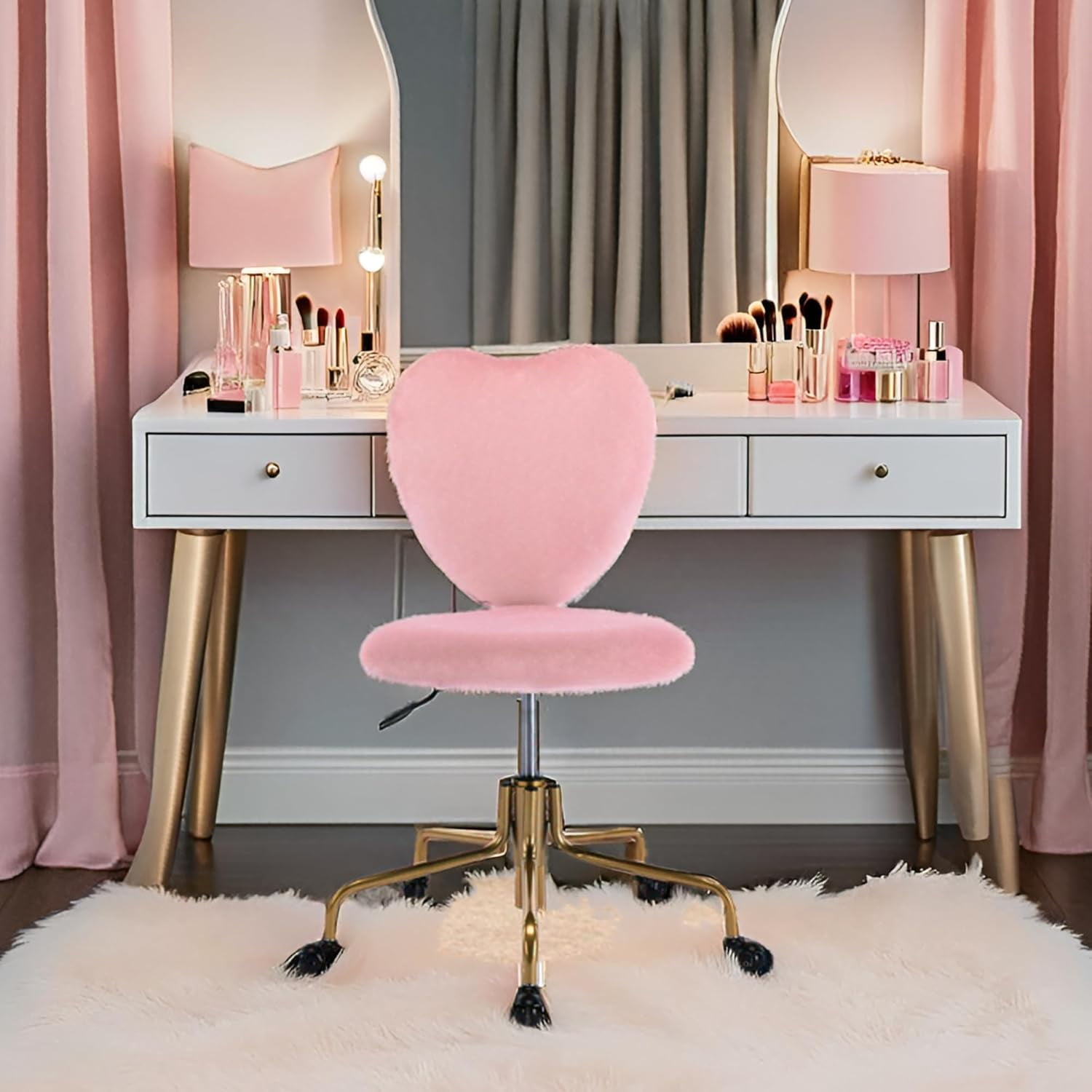 Velvet Cute Heart Pink Desk Chair with Wheels, Comfortable Armless Home ...