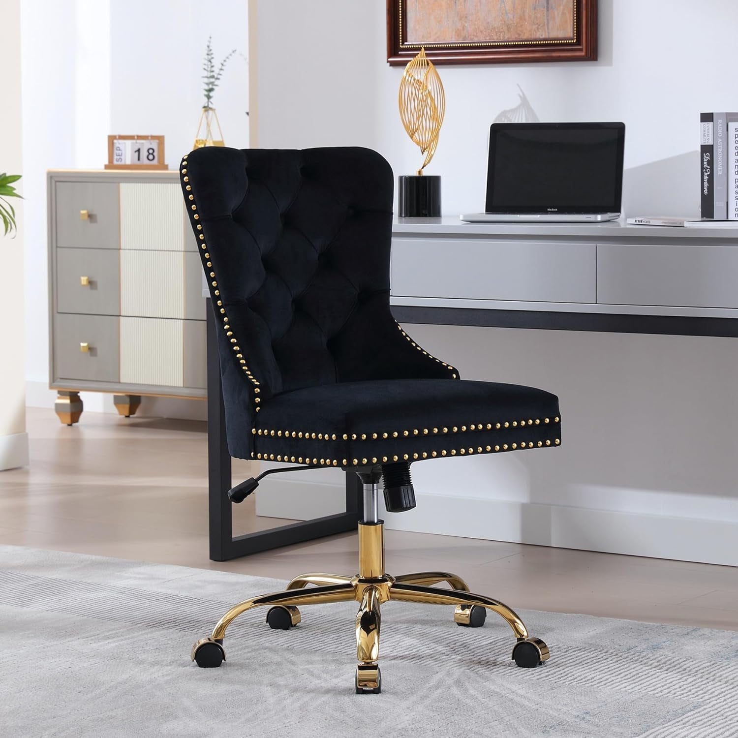 Velvet Desk Chair with Wheels, Gold Office Chair Armless Swivel Chair ...
