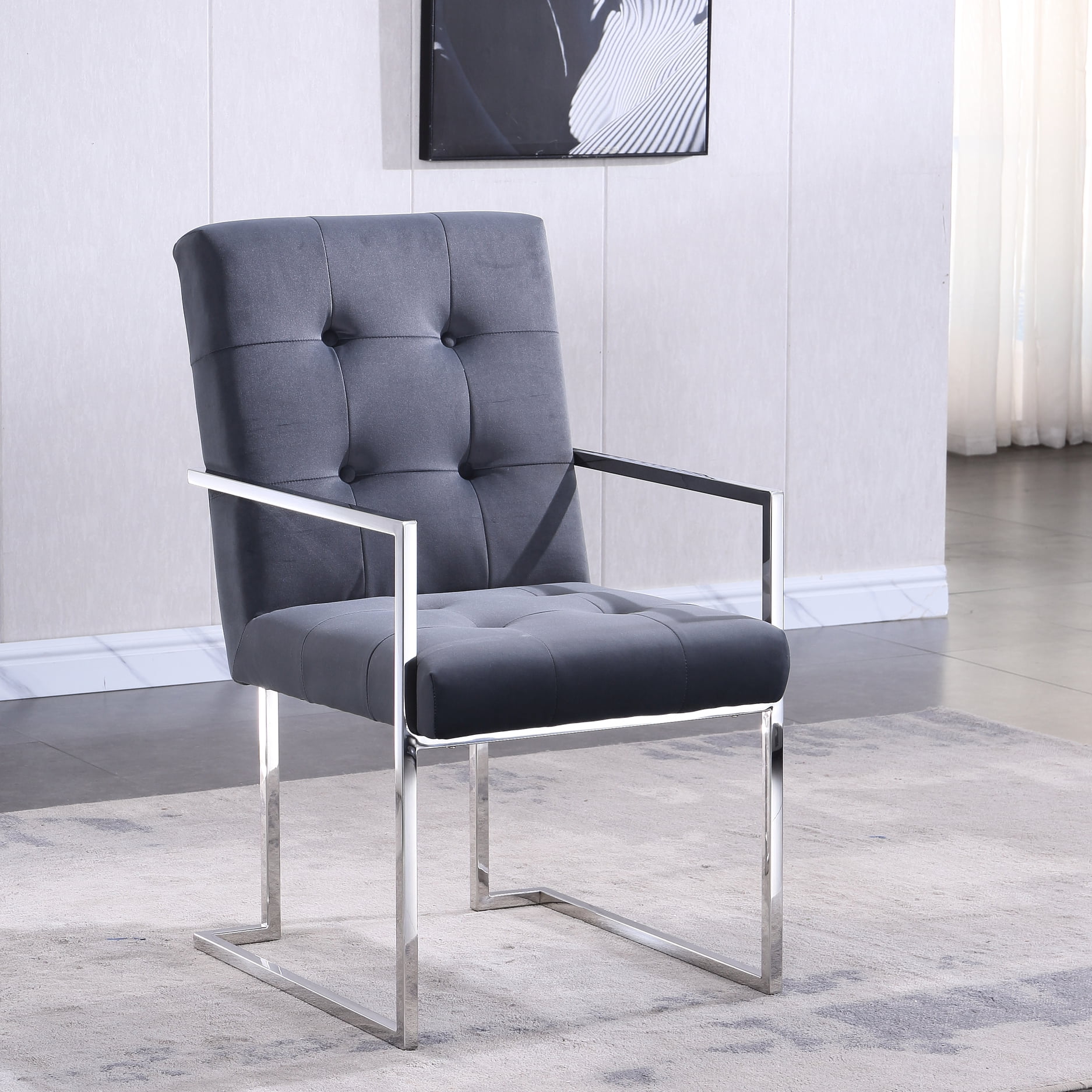 Velvet Dining Chair, Grey, Sleek Silver Base, Room Styling Grey Arm ...