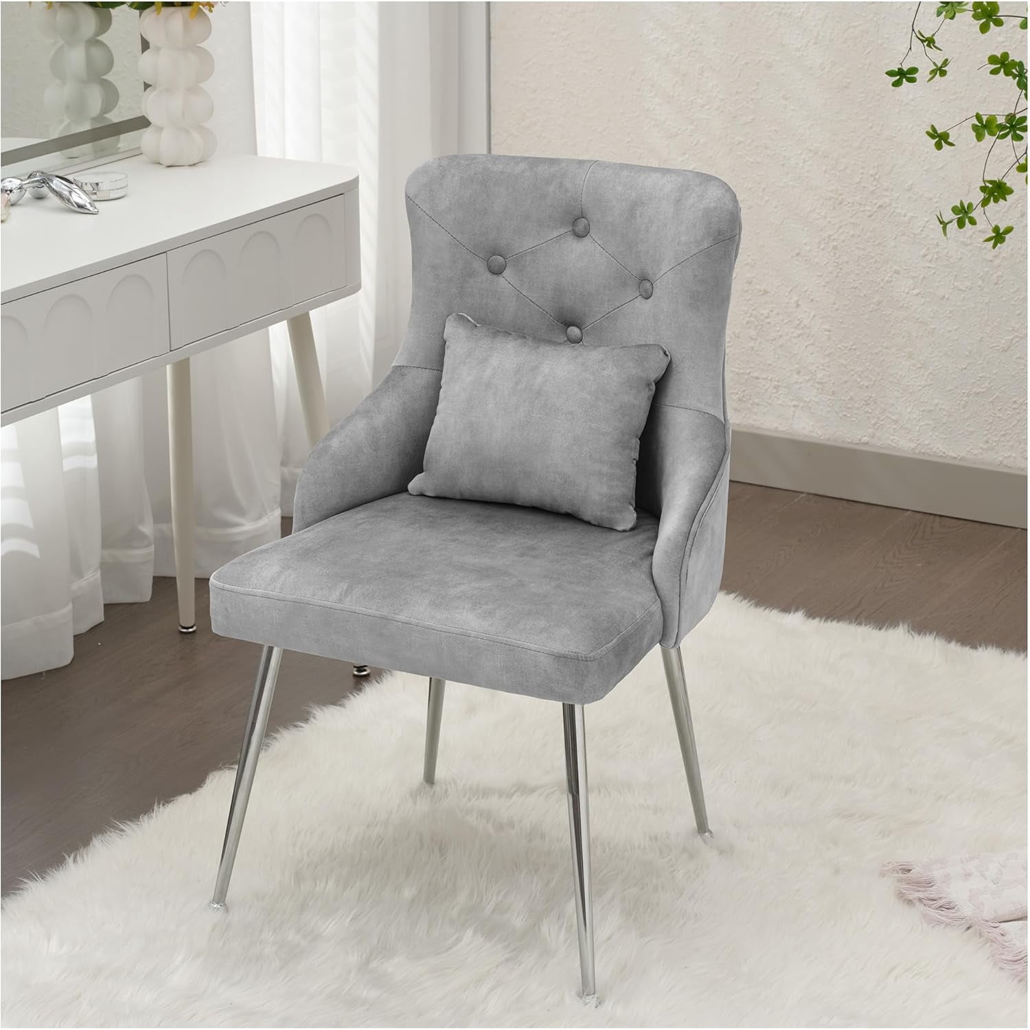Velvet Dining Chair Upholstered Vanity Chair with Tufted Back and Metal ...