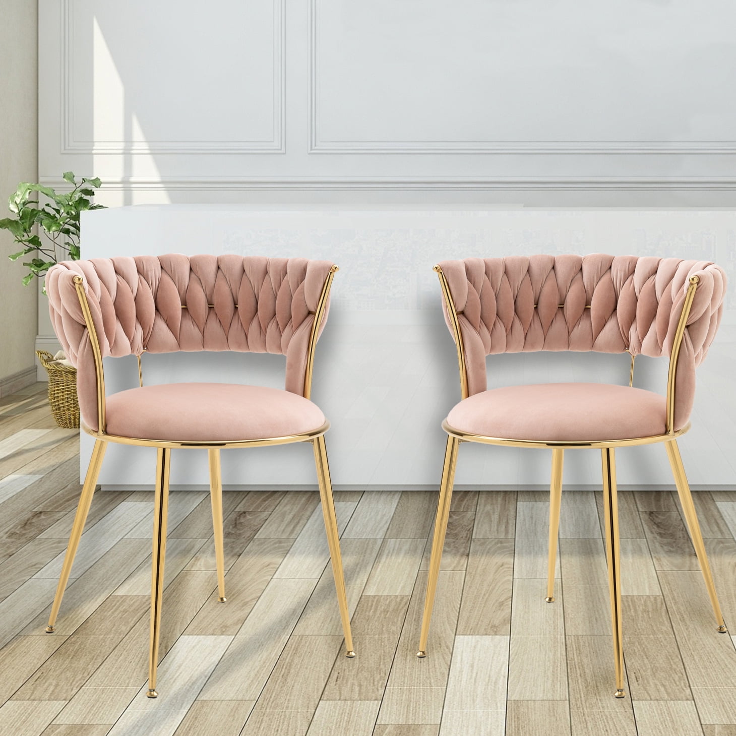Velvet Dining Chairs Set of 2, Hand-woven Accent Chair with Golden ...