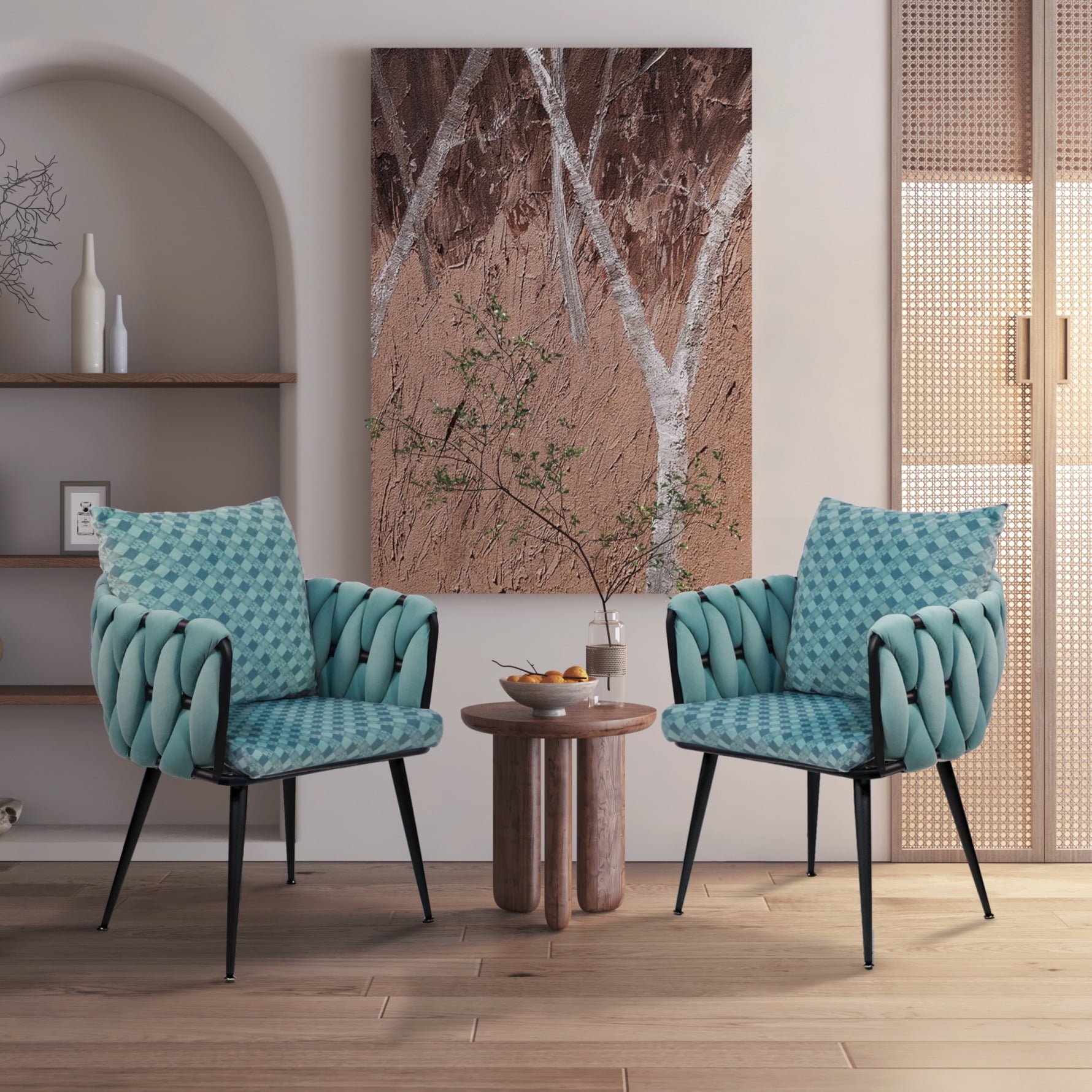 Velvet Dining Chairs Set of 2, Modern Hand Weaving Accent Chairs with ...