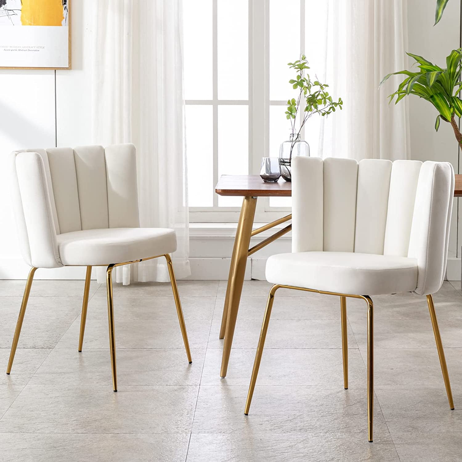Velvet Dining Chairs Set of 2 Upholstered Gold Metal Legs Cream Mid ...