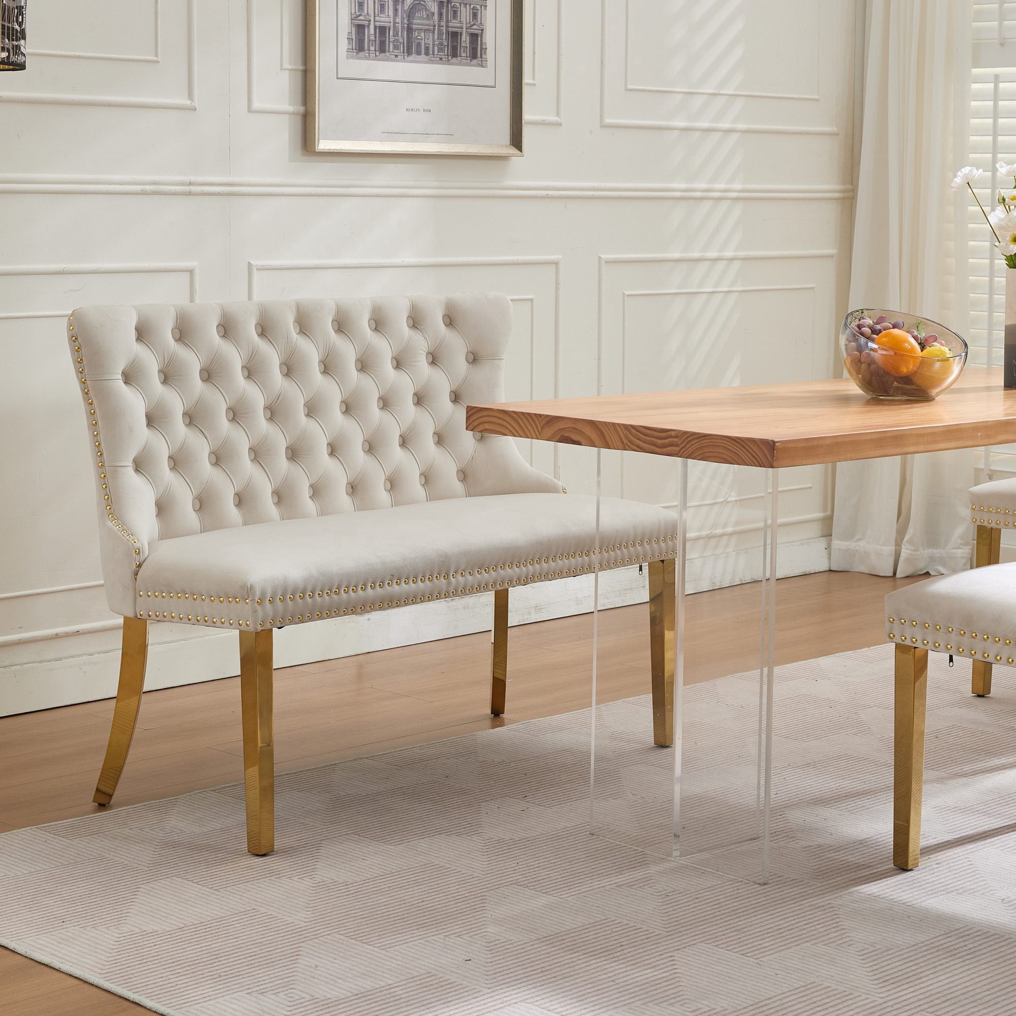 Velvet Double Dining Loveseat Bench, 2-Seat Tufted Wingback Bench with ...