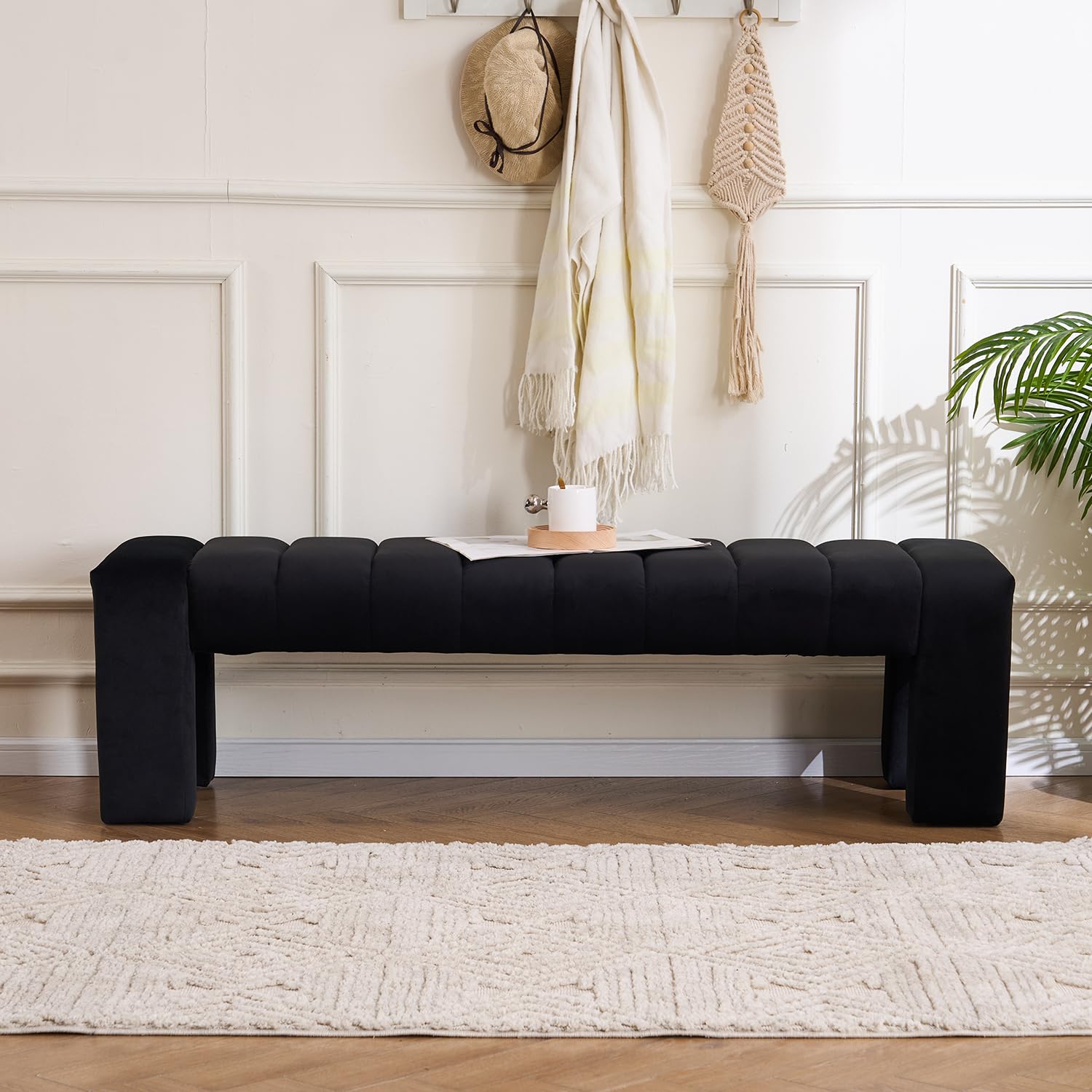 Velvet End of Bed Bench Upholstered Modern 59" Bedroom Bench for King ...