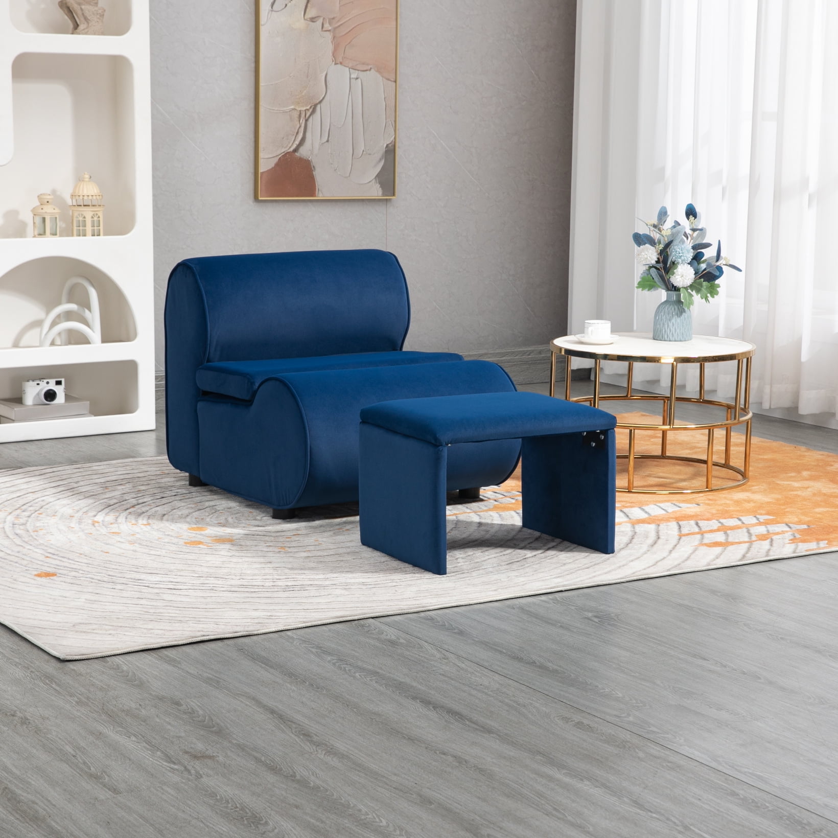 Velvet Fabric Modern Leisure Accent with Ottoman, Armless Single Lazy ...
