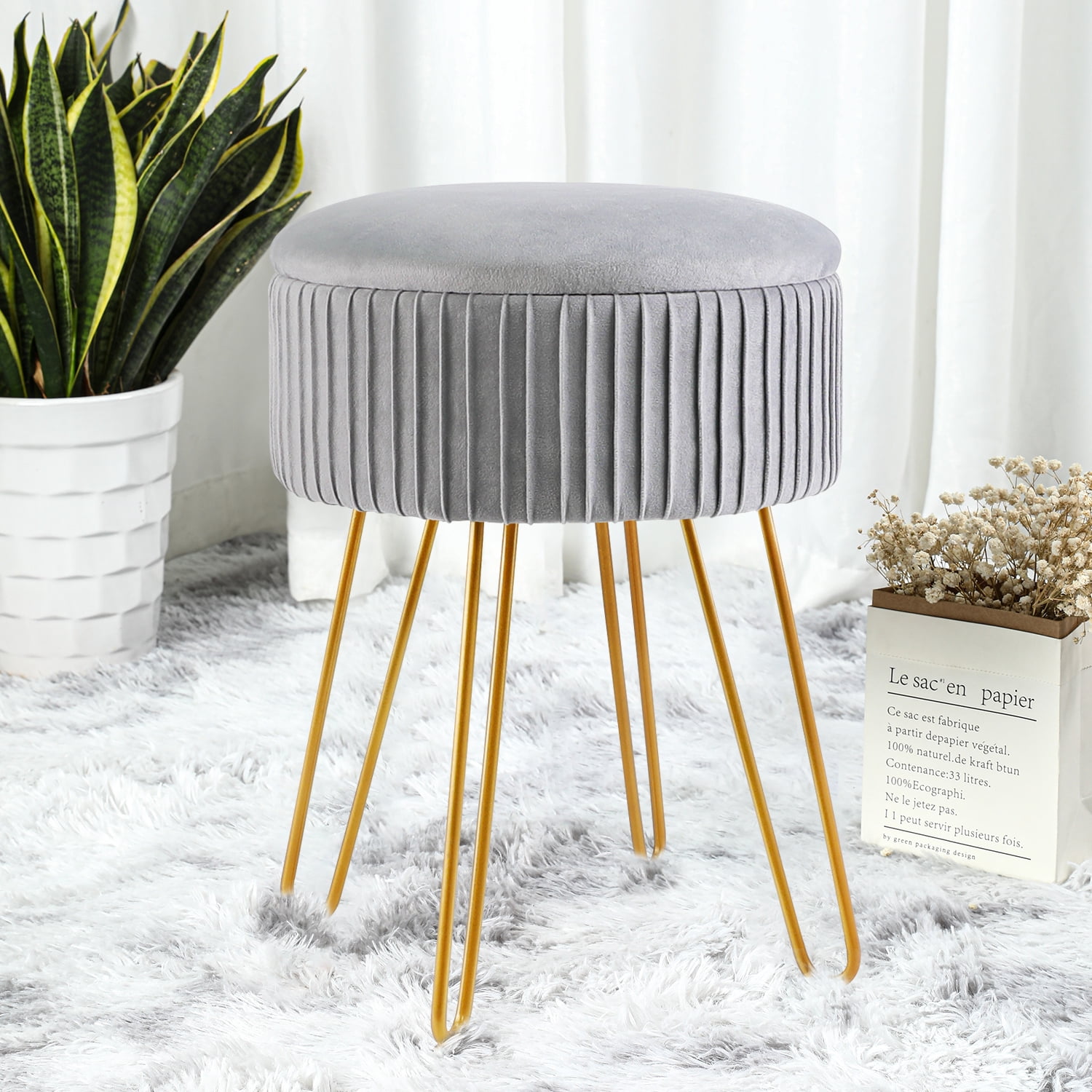 Velvet Footrest Stool Ottoman Pleated Round Modern Upholstered Vanity ...