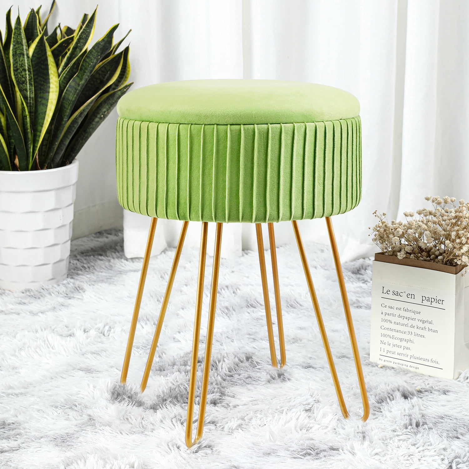 Velvet Footrest Stool Ottoman Pleated Round Modern Upholstered Vanity ...