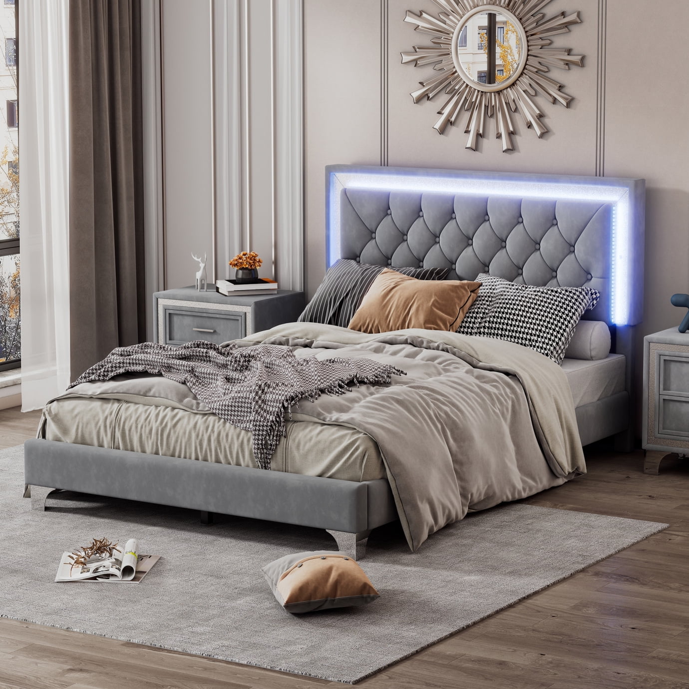 Velvet Full Size Platform Bed with High Tufted Headboard and LED Lights ...