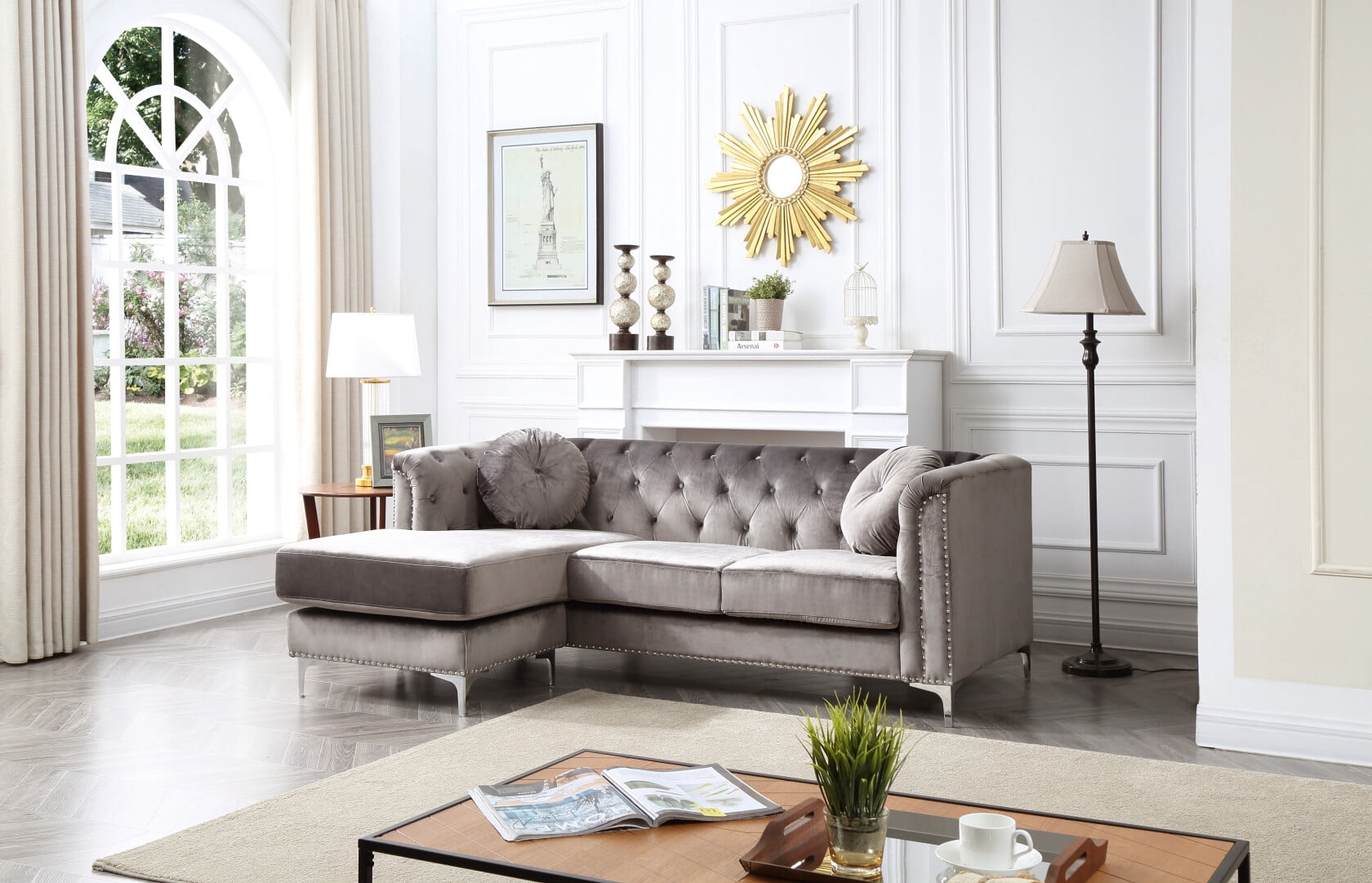 Velvet Furniture Sofa with Silver Metal Legs, Tufted Upholstery Sofa ...