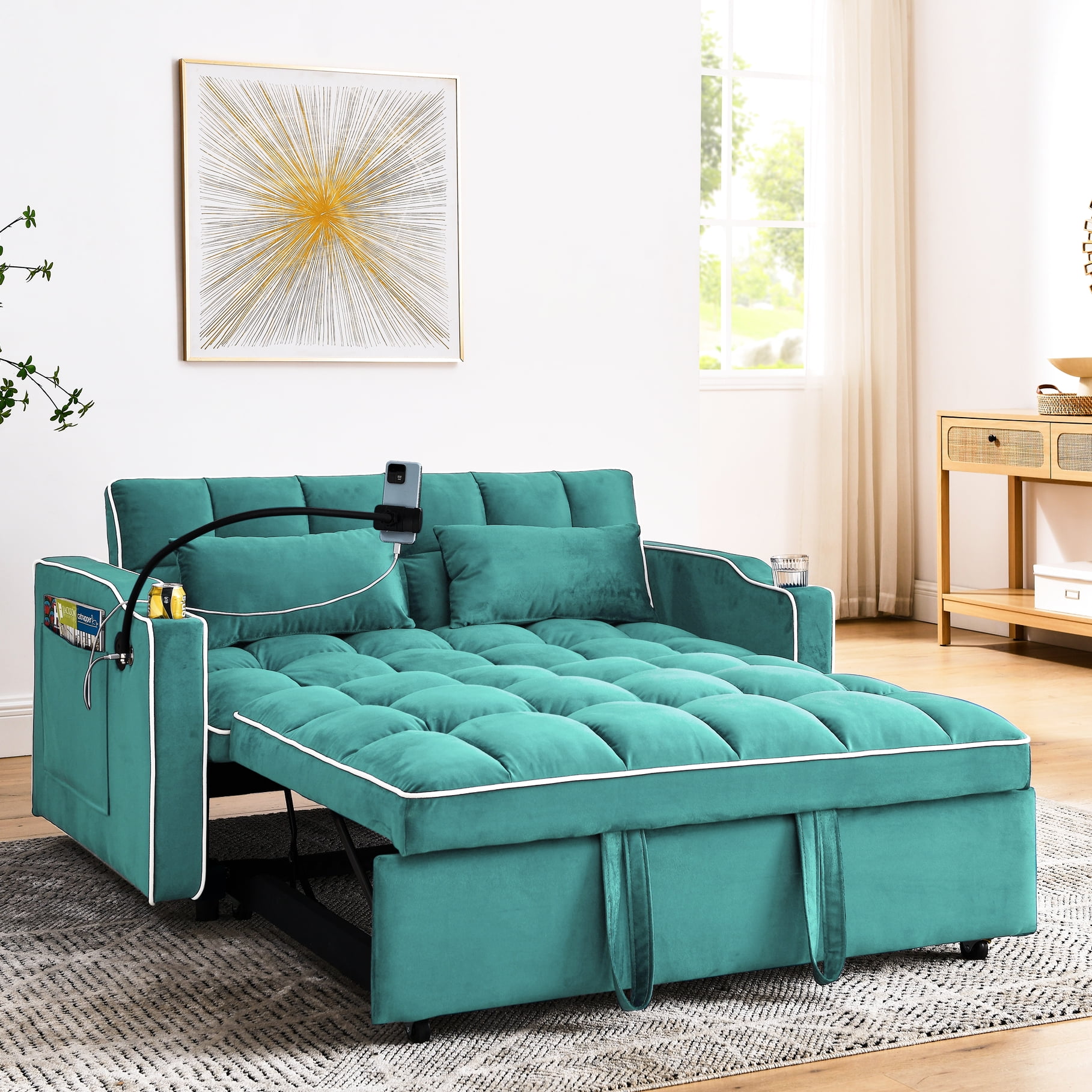 Velvet Futon Bed With Socket And Phone Stand - Foam Filled, Eucalyptus ...