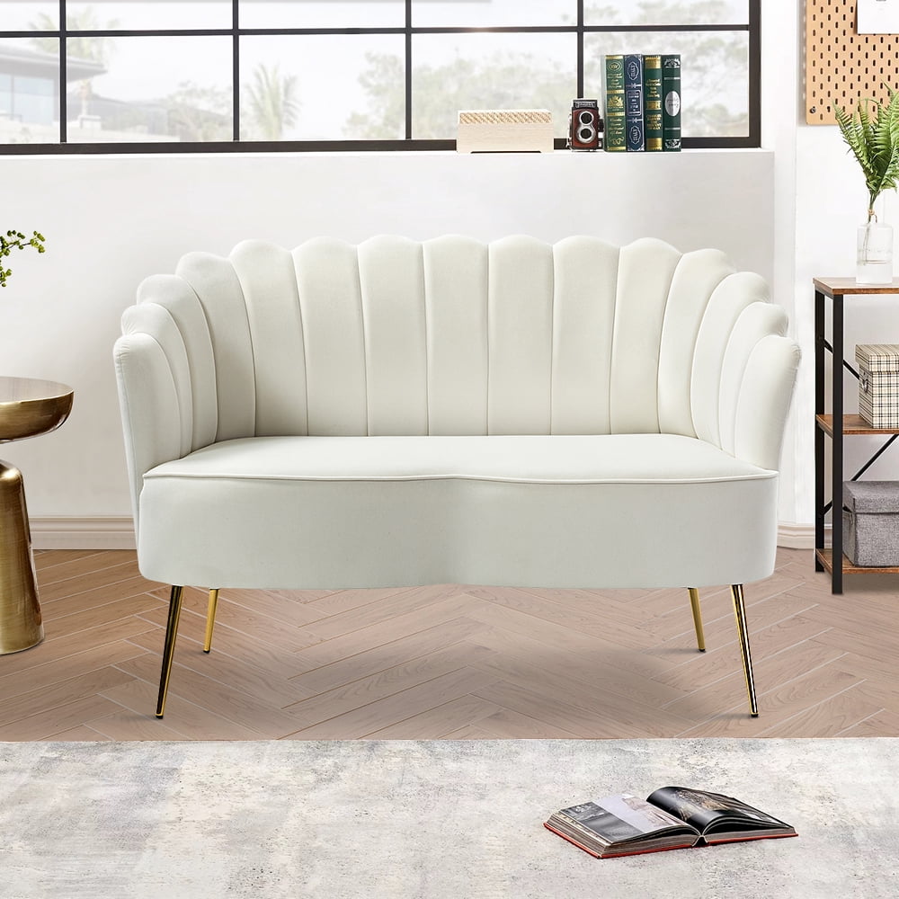 Ivory Velvet Loveseat Sofa, 2 Seater with Golden Flower Shaped Leg ...