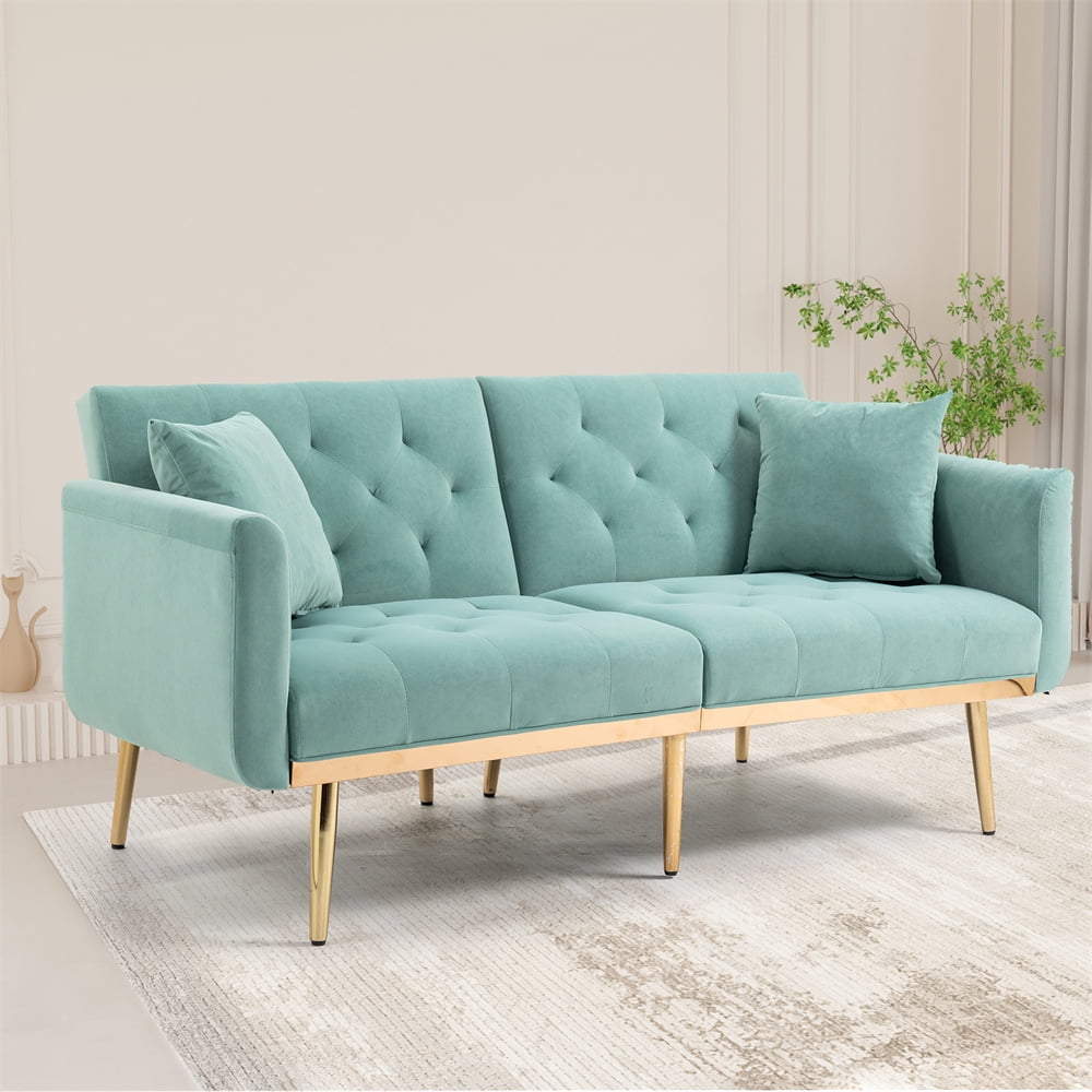 Velvet Futon Sofa 2 Seater Velvet Couch with Metal Feet Soft Seat Cushion Velvet Sofa w 2 Pillows Button Tufted Couch for Living Room Bedroom