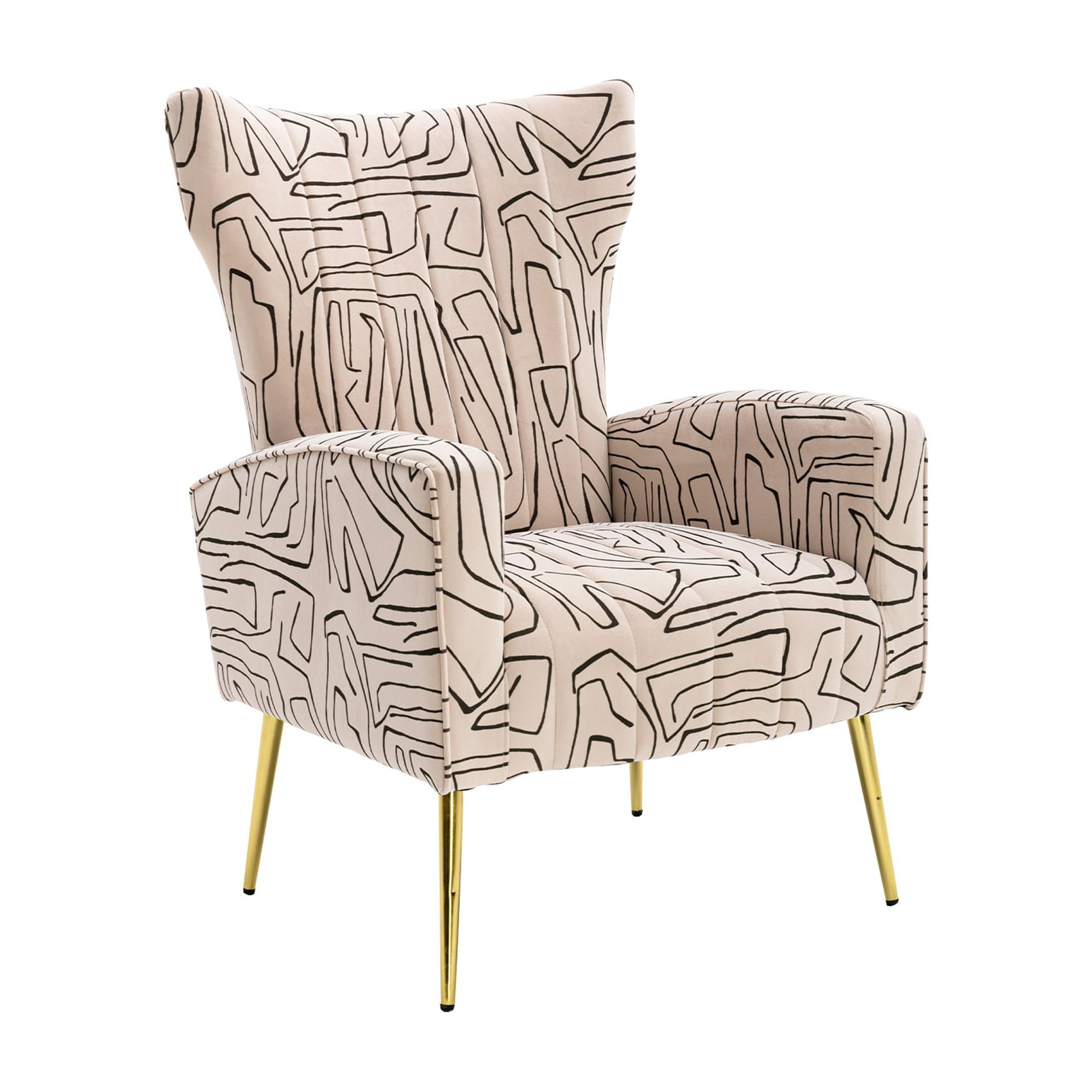 Beige Velvet Geometric Accent Chair, Wingback Armchair with Padded Seat ...