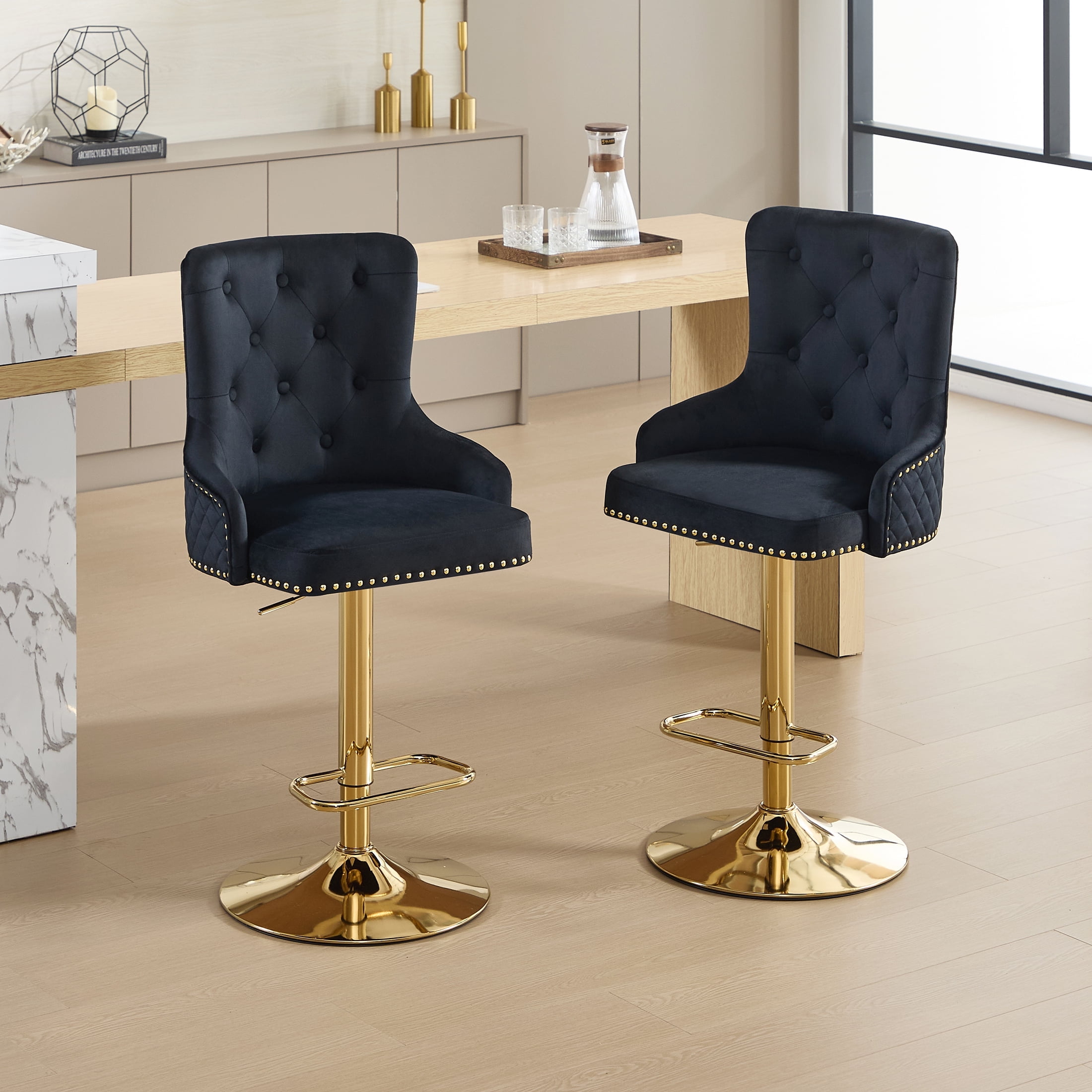 Velvet Gold Bar Stools Set of 2 Modern Counter Height Bar Stools with ...