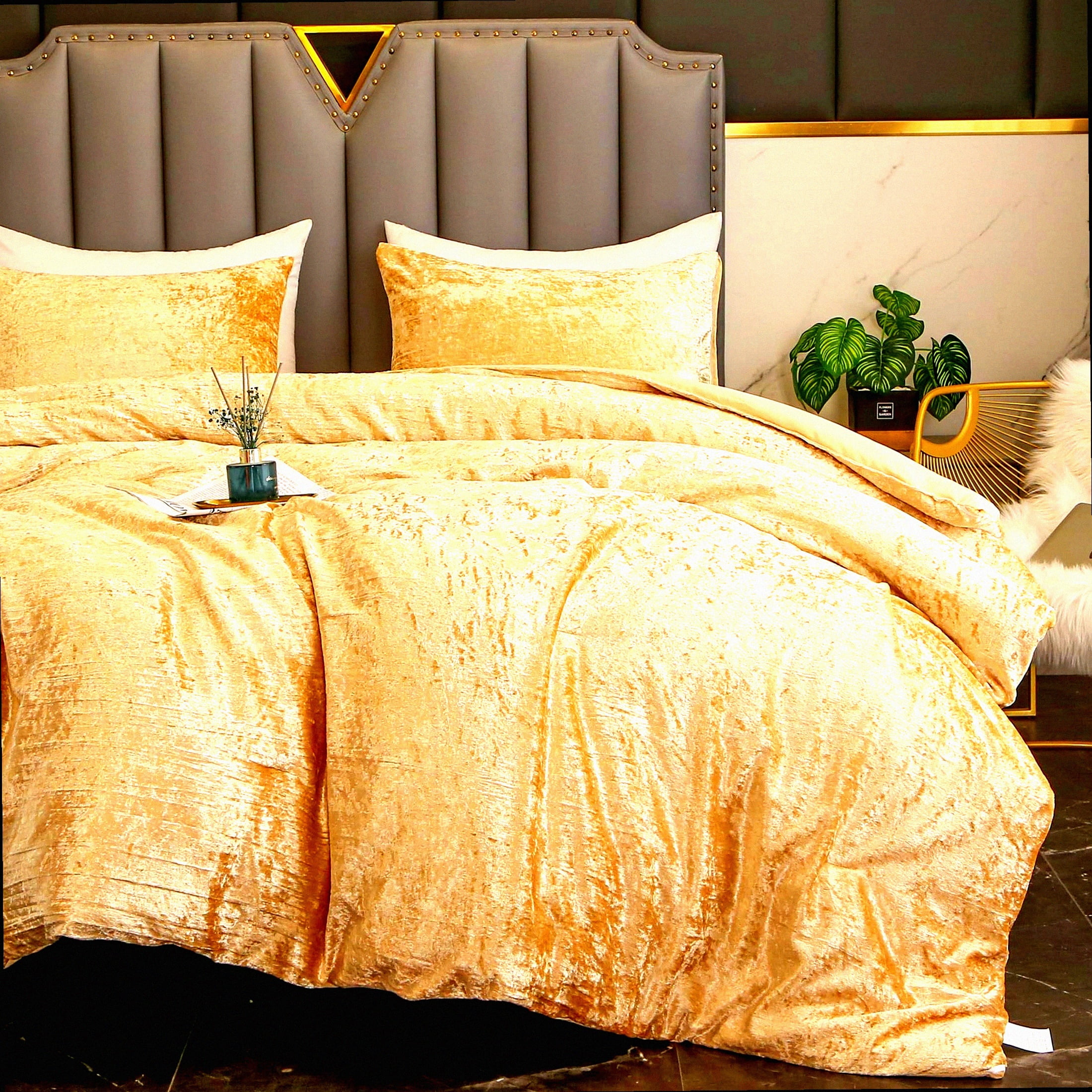 Velvet Gold Crushed Comforter Set - Luxe 3 Piece Bedding, Lightweight ...