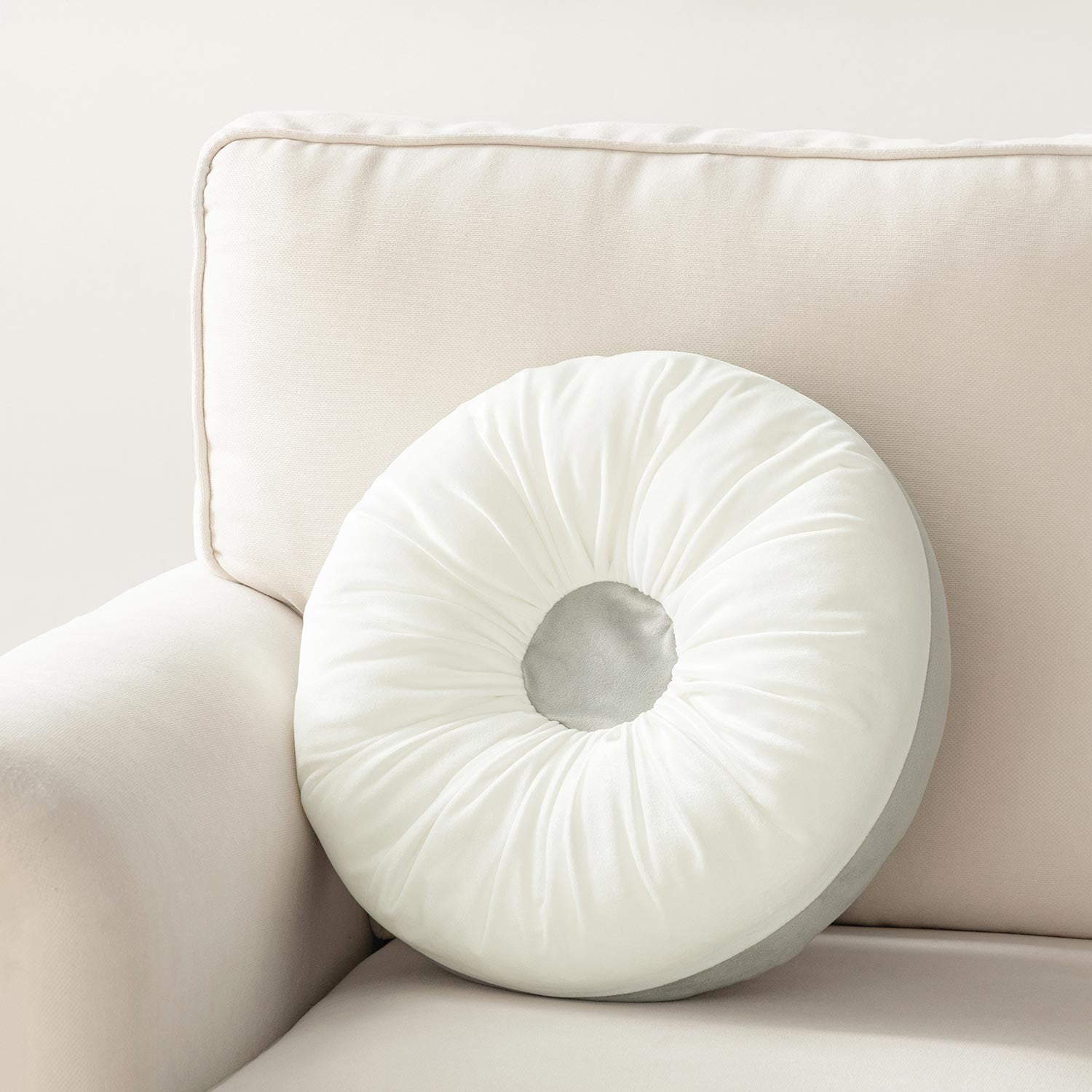 Velvet Gradient Pleated Donut Round Throw Pillow, White and Grey, 16" x ...