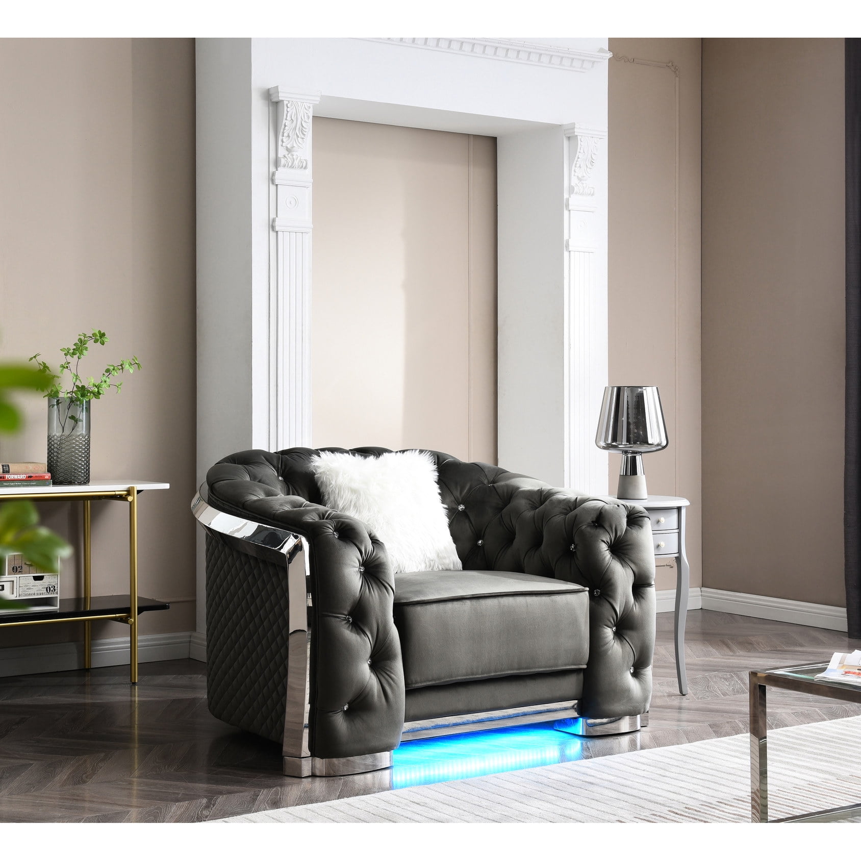 Velvet Gray Accent Chair, 34" High | Stylish Flared Arms and Welted ...