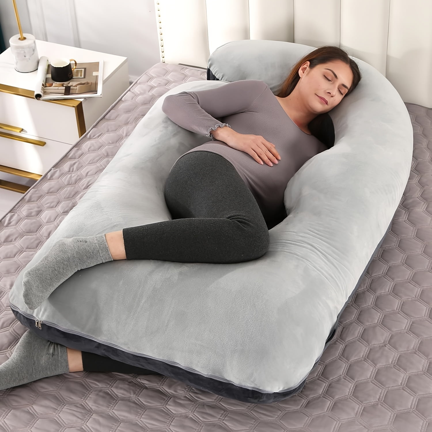 Velvet Gray Maternity Pillow J-Shape Full Body Sleep Pillow With Velvet ...
