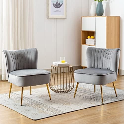 Velvet Grey Accent Chairs Set of 2 Modern Armless Slipper Chair ...