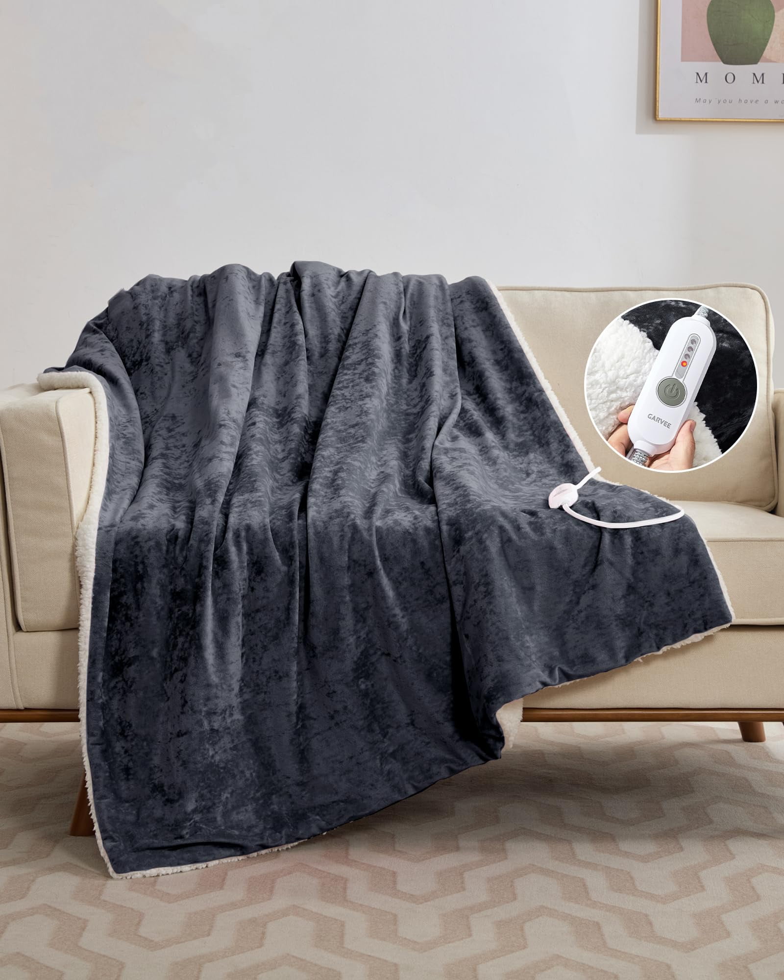 Velvet Heated Throw Electric Blanket, Warming Throw for Couch, 4 Heat ...