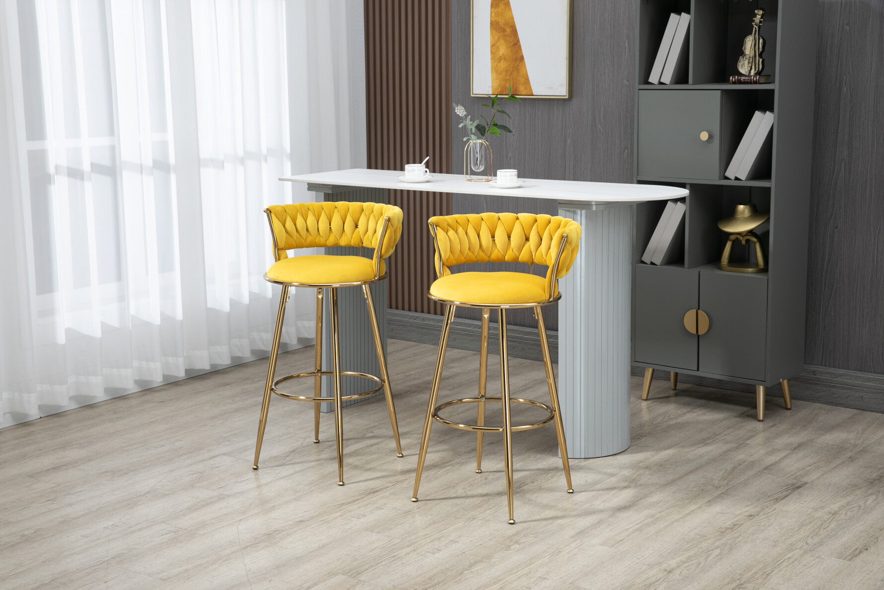 Velvet Height Bar Stools Set of 2, Kitchen Counter Barstools with Woven ...