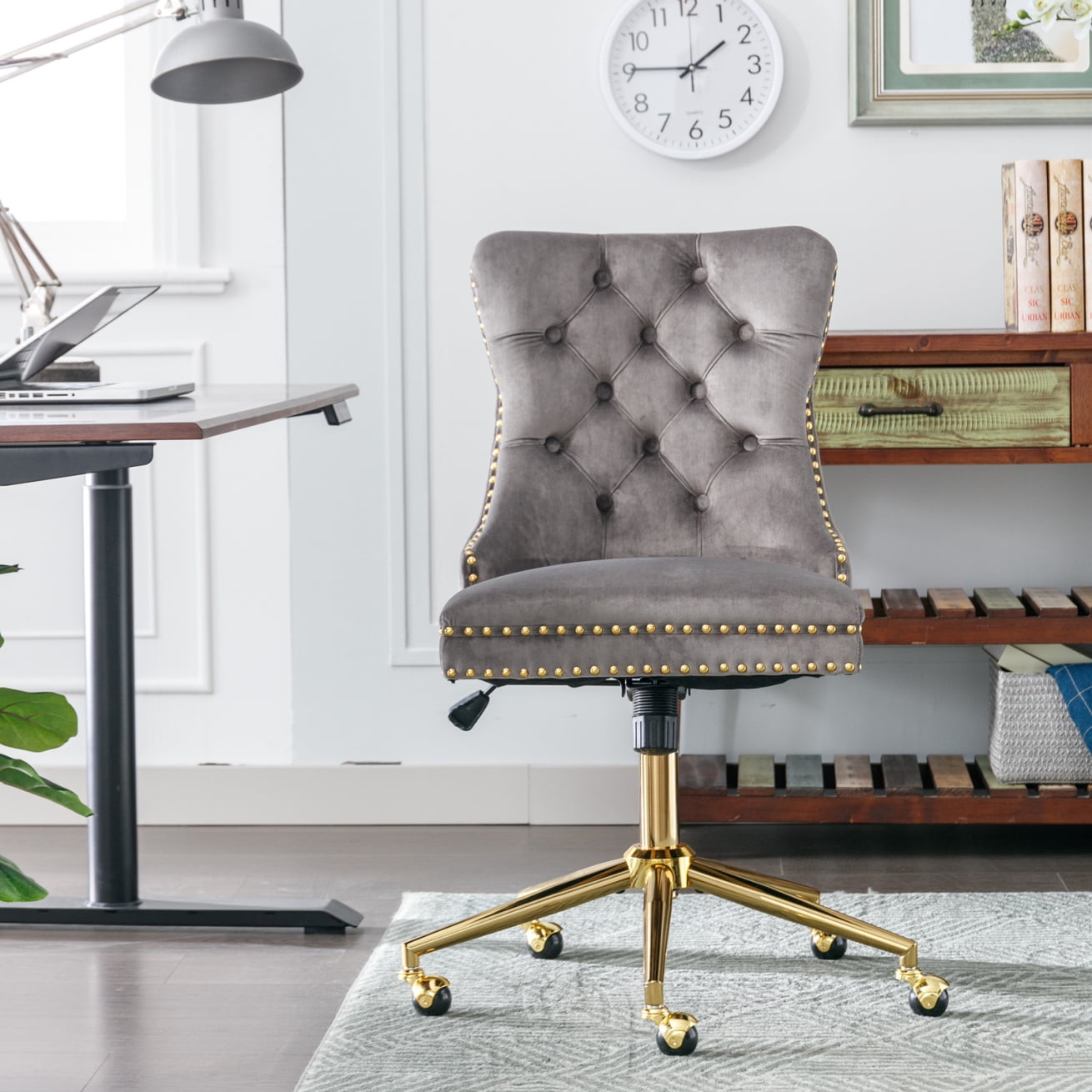 Velvet Home Office Armless Chair with 360° Swivel Wheels Golden Legs ...