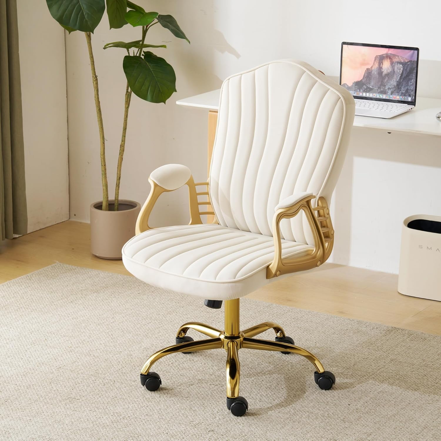 Velvet Home Office Chair with Gold Arms and Legs, Comfortable ...