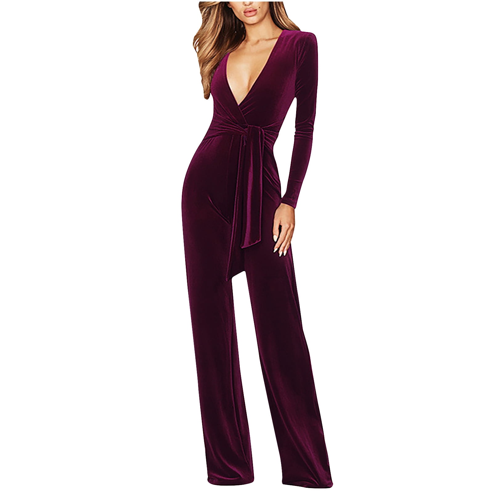 Velvet Jumpsuits for Women Elegant V Neck Playsuits Long Sleeve High ...
