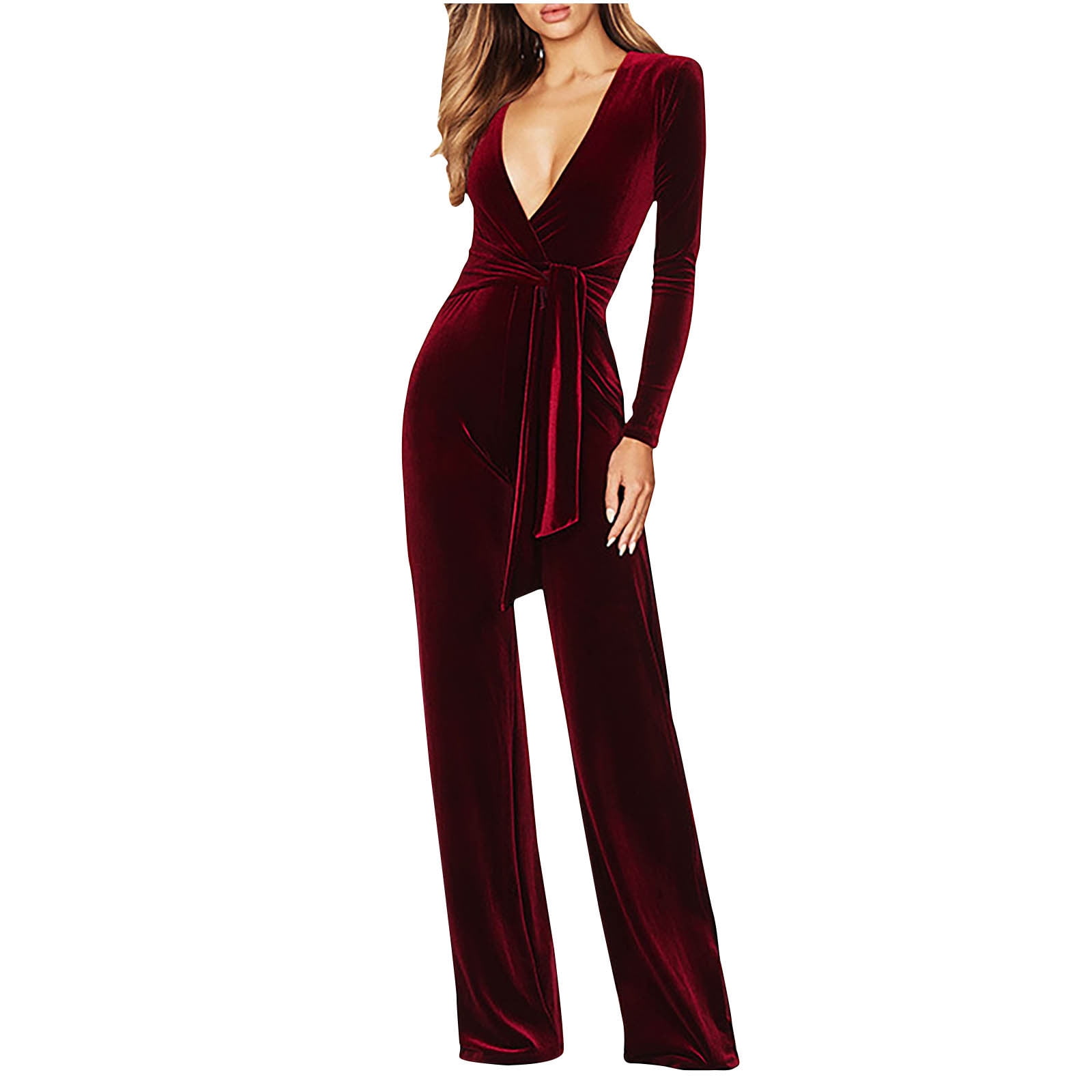 Velvet Jumpsuits for Women Elegant V Neck Playsuits Long Sleeve High ...