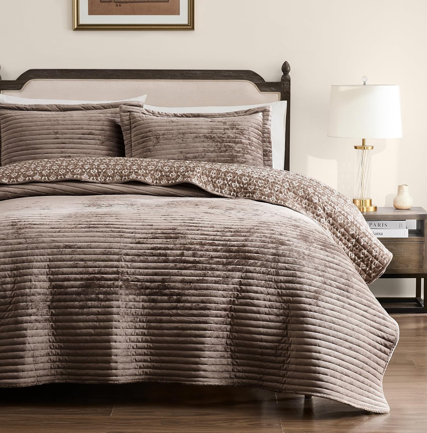 Velvet King Size Quilt Set - Bei Striped Soft Lightweight Bedspread ...