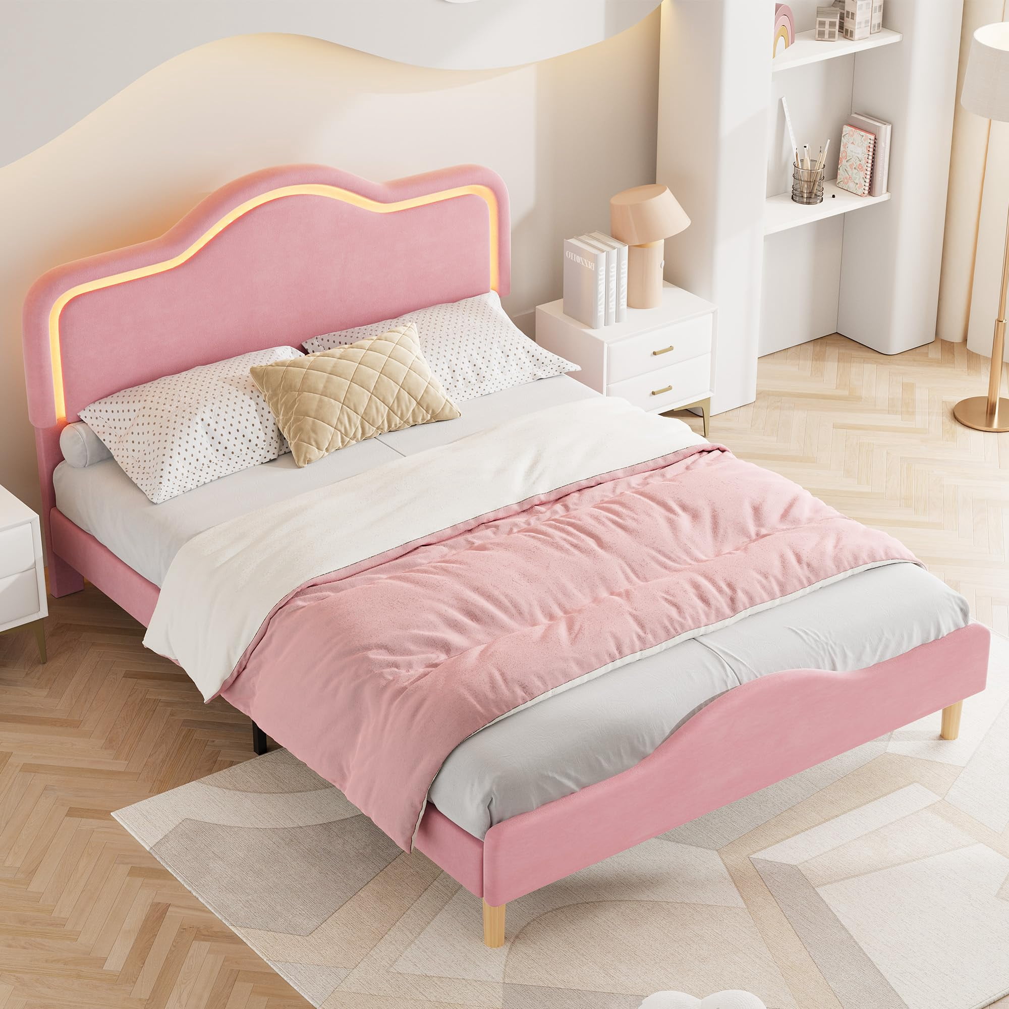 Velvet LED Bed Frame with Adjustable Headboard and Footboard ...