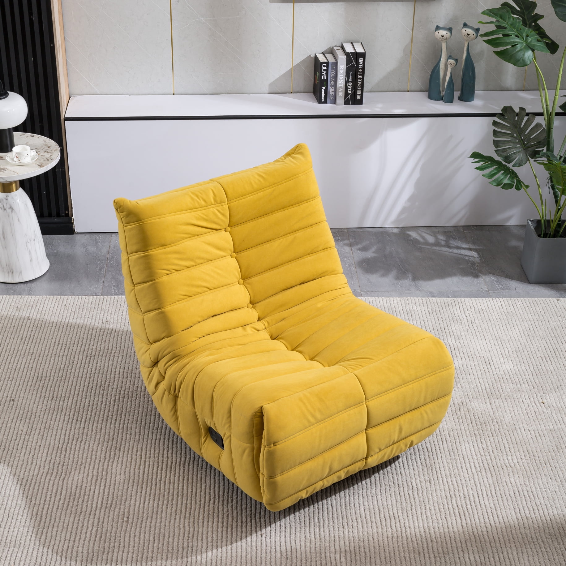 Velvet Lazy Floor Sofa with Adjustable Footrest and Side Pocket, Modern ...