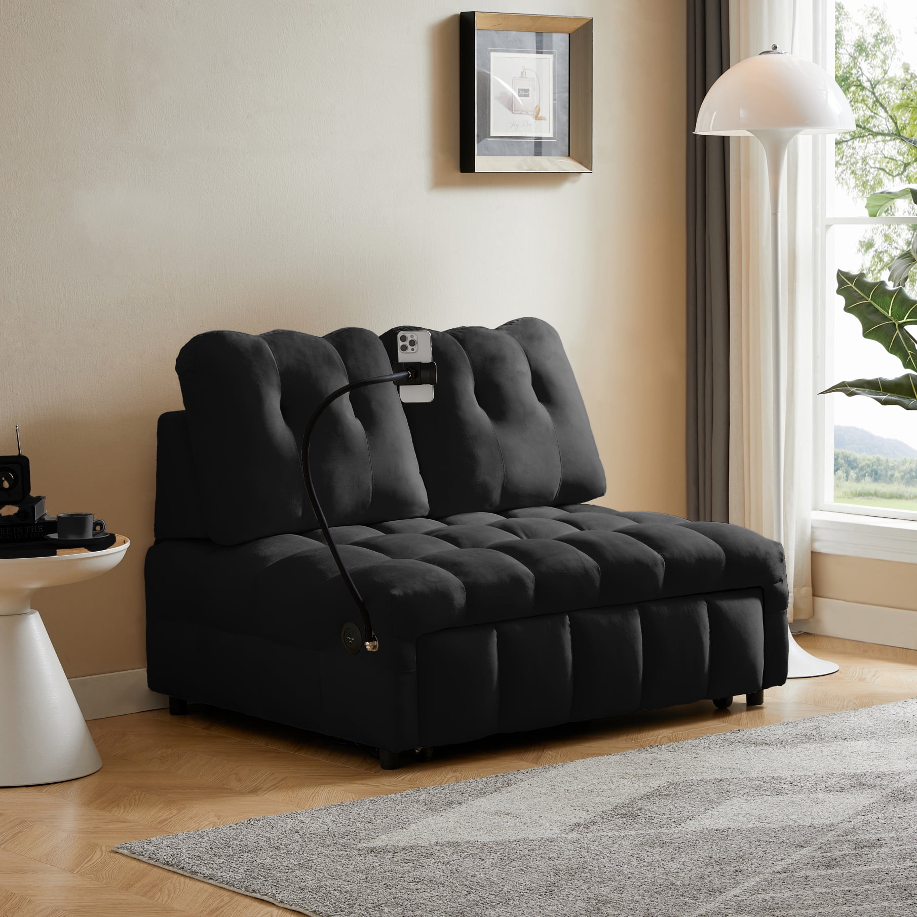Velvet Loveseat with Pull-Out Bed with Removable Backrest, USB Port and ...