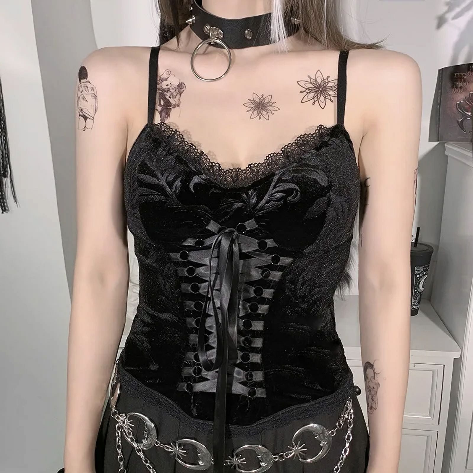 Velvet Mall Goth Crop Tops Black Lace Trim Emo Alternative Aesthetic ...