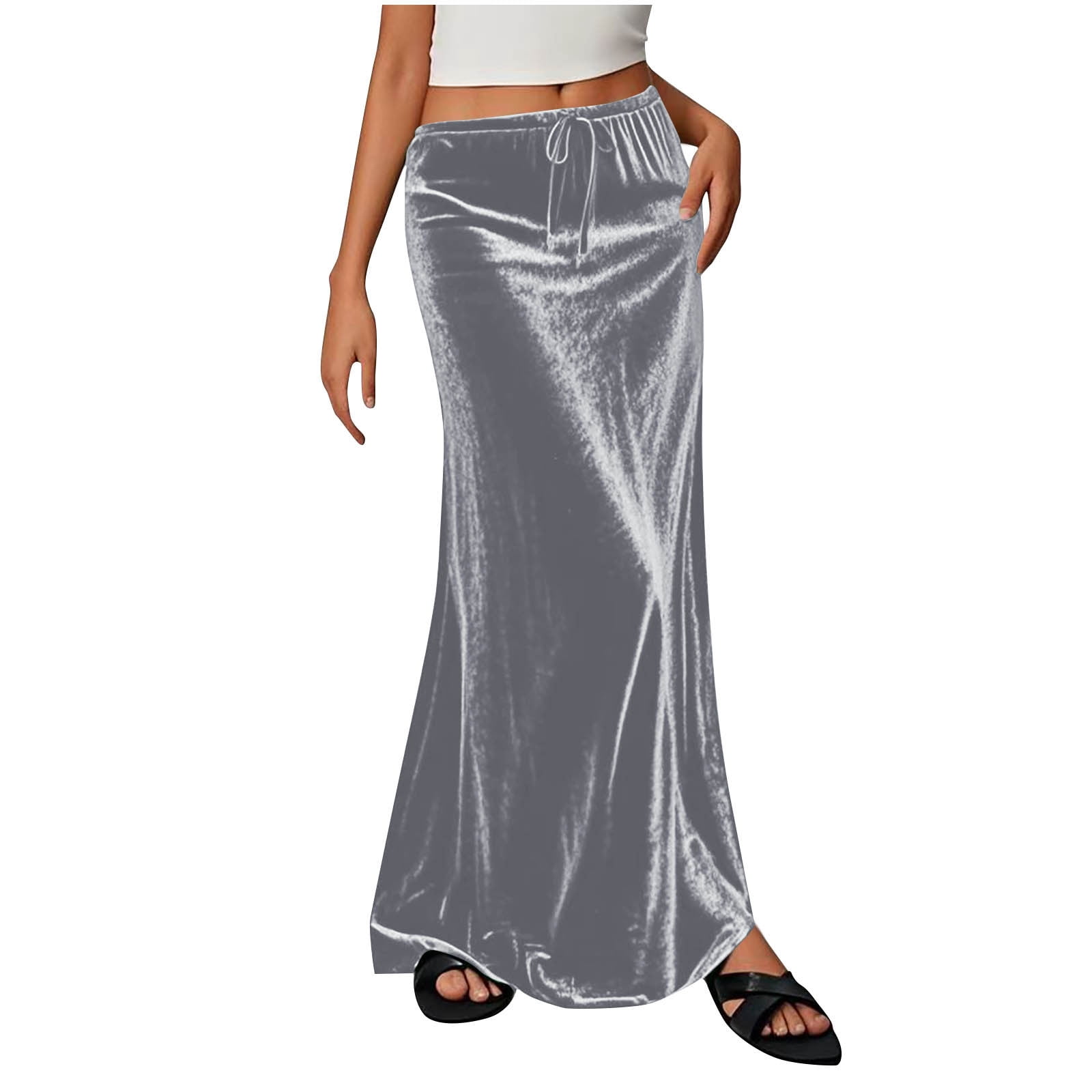 Velvet Maxi Skirts for Women Elastic High Waisted Drawstring Long ...