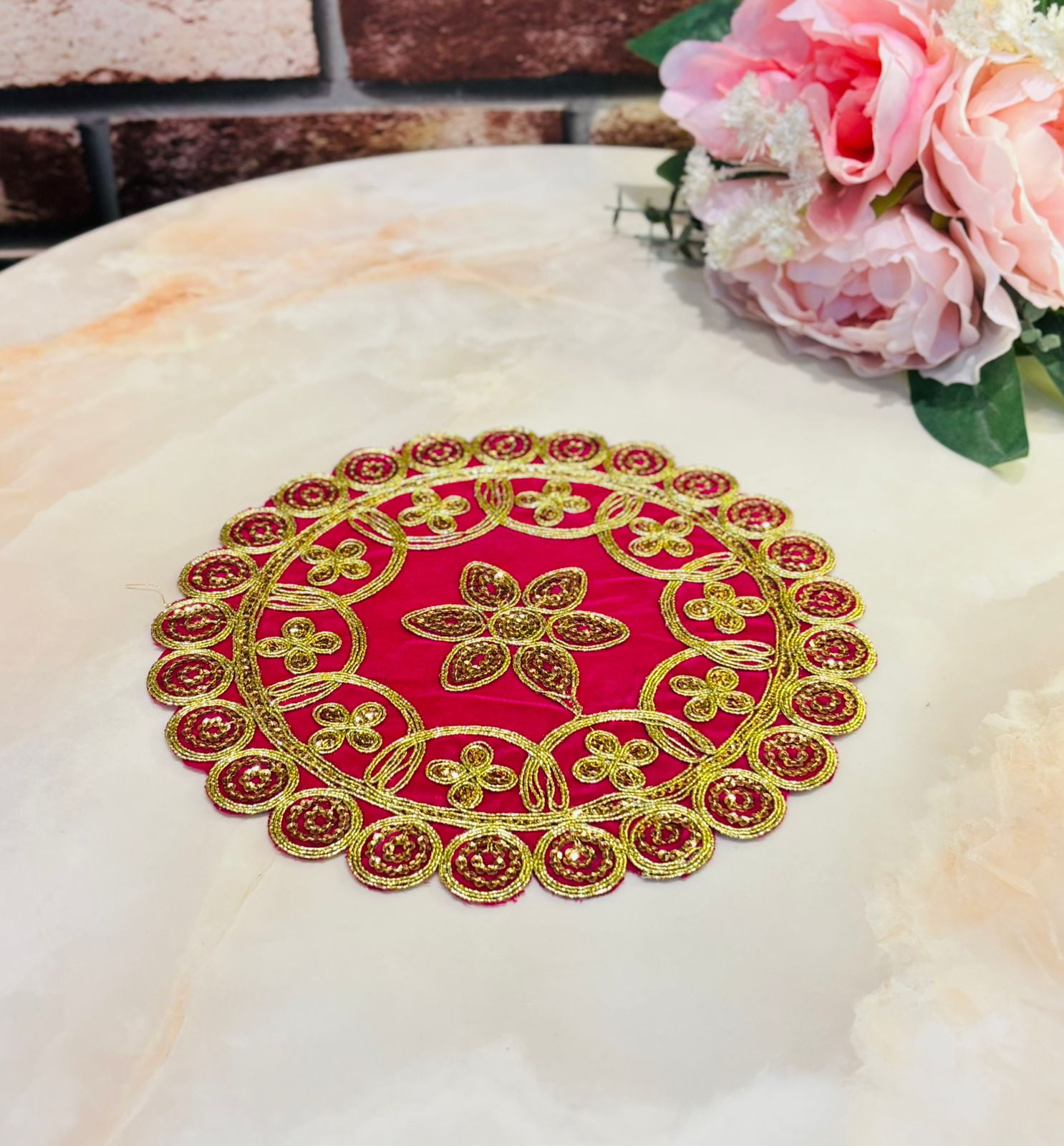 Velvet Medium Pooja Aasan – Dark Pink with Golden Embroidery ...