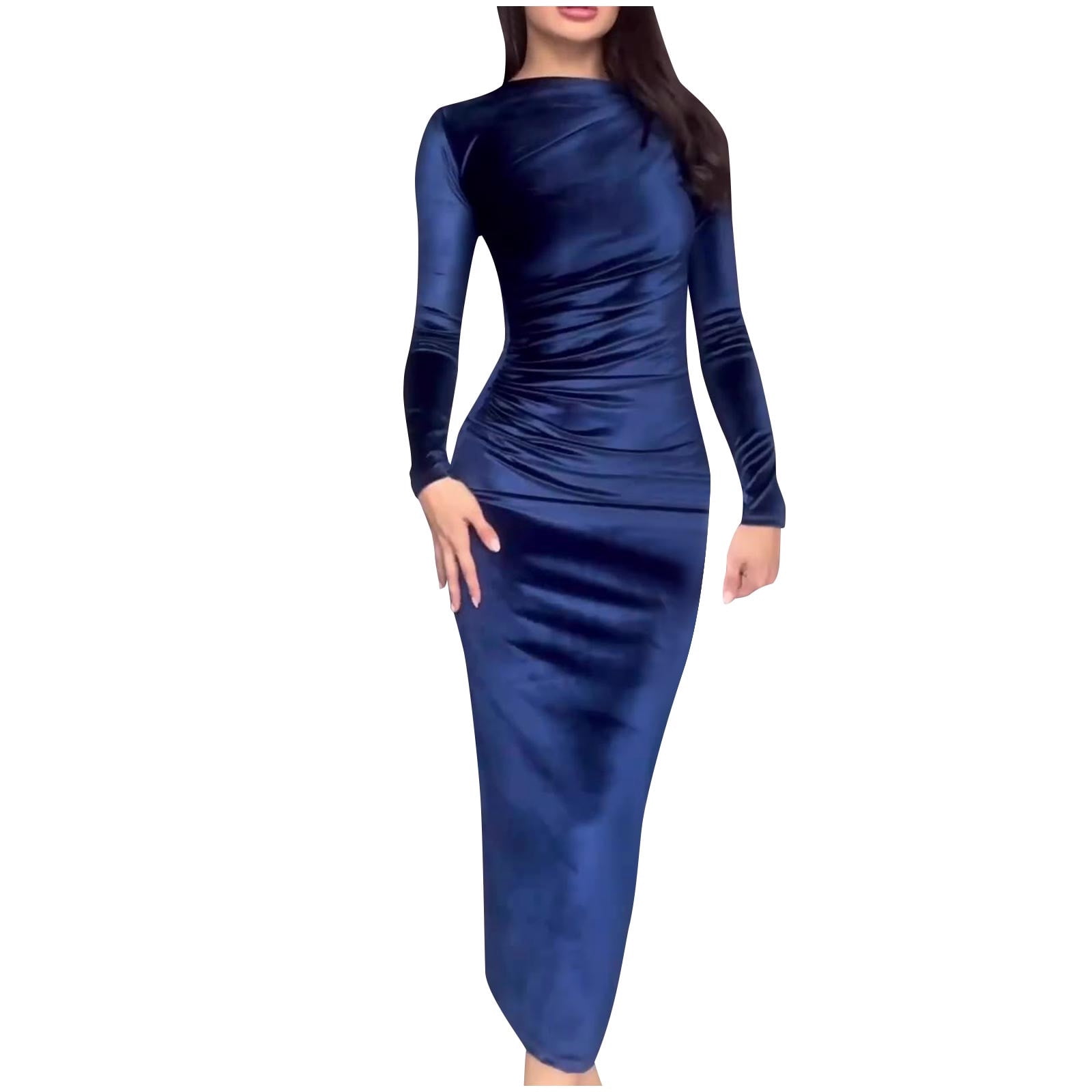 Velvet Midi Dress for Women Sexy Bodycon Ruched Long Sleeve Dresses ...