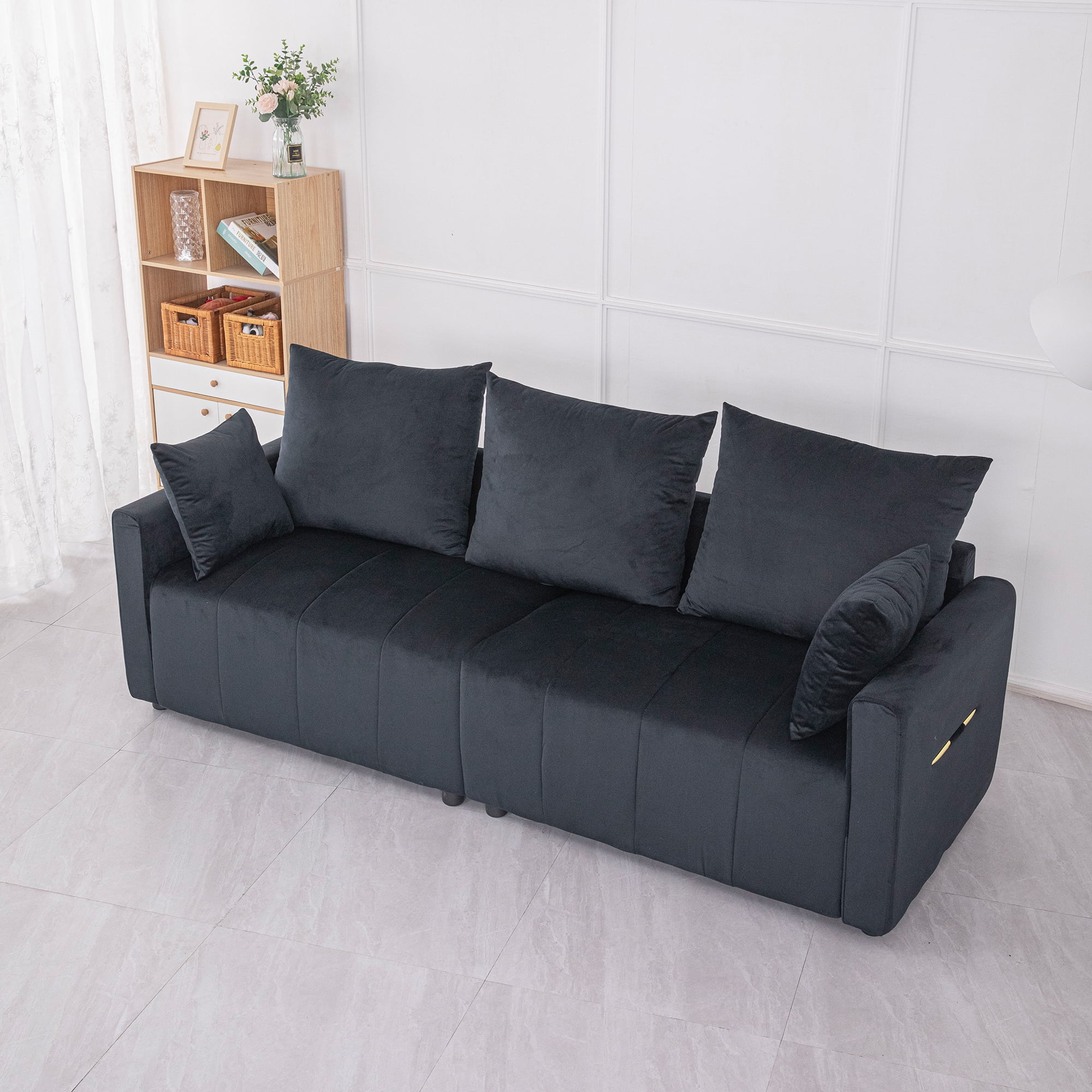 Velvet Modern 2-Seater Sofa, Black Two-Tone Sectional Couch with ...