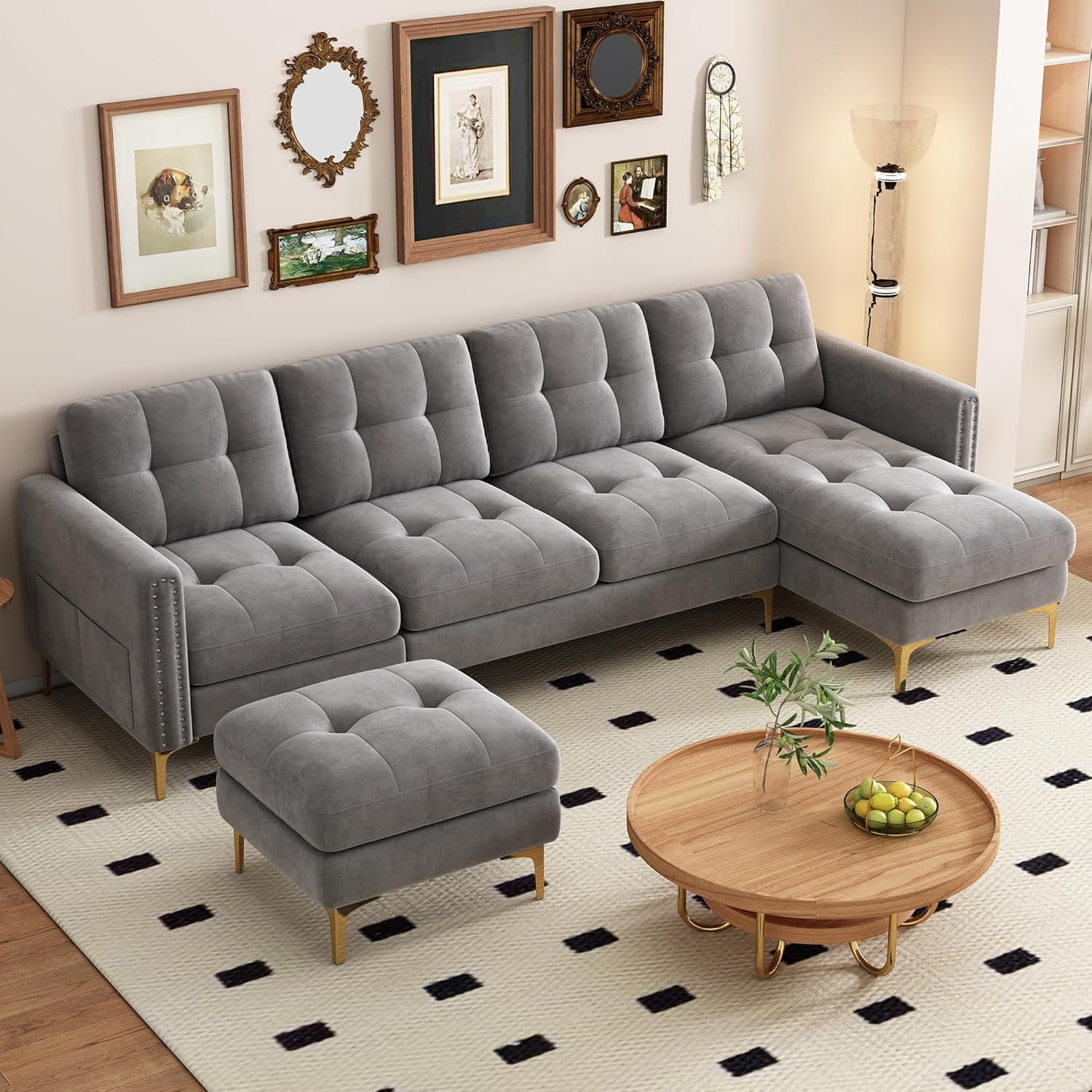 Velvet Modern Large Sectional Sofa, U Shape Upholstered Couch with ...