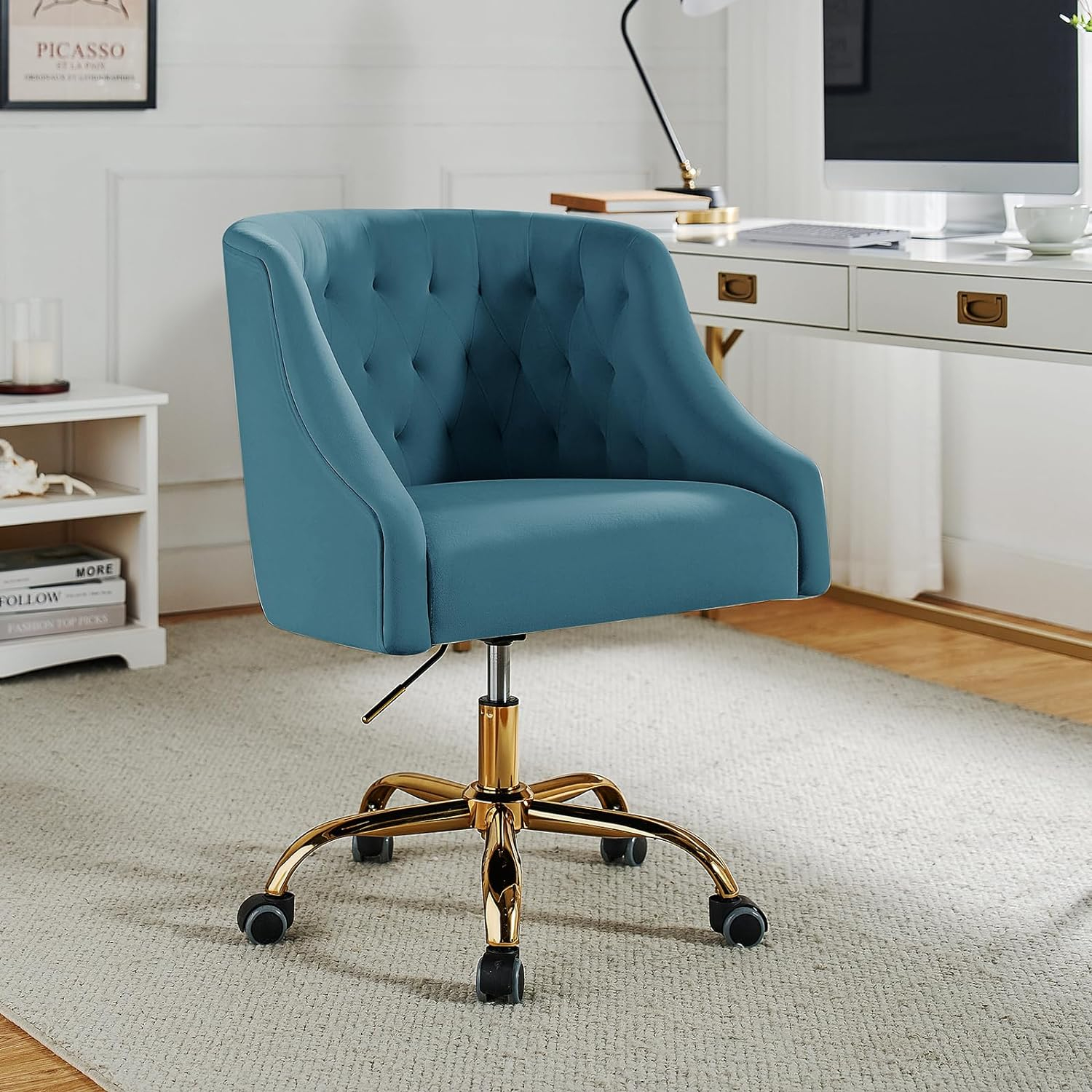 Velvet Office Chair with Gold Base Comfortable Modern Cute Desk Chair ...