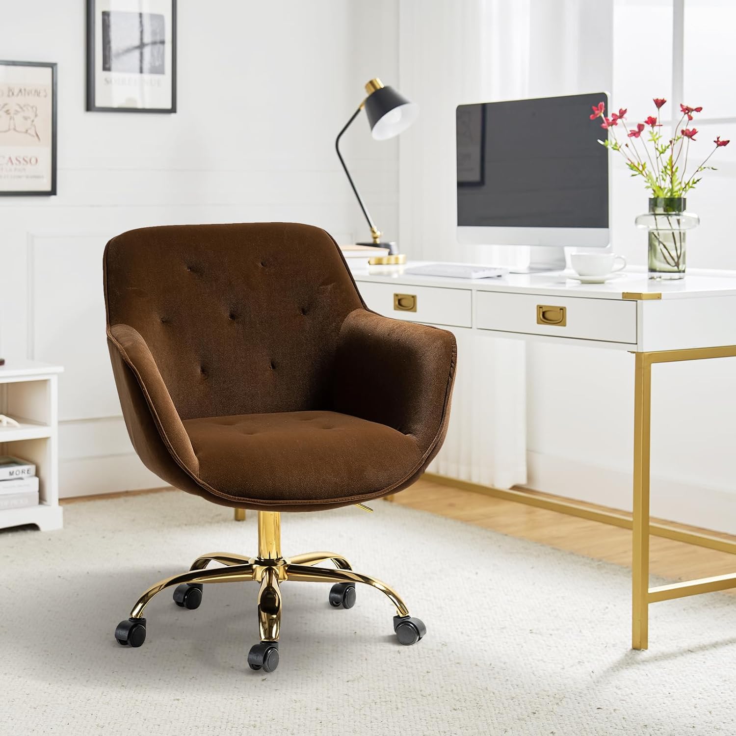 Velvet Office Chair with Gold Base Modern Cute Mid-Back Desk Chair ...