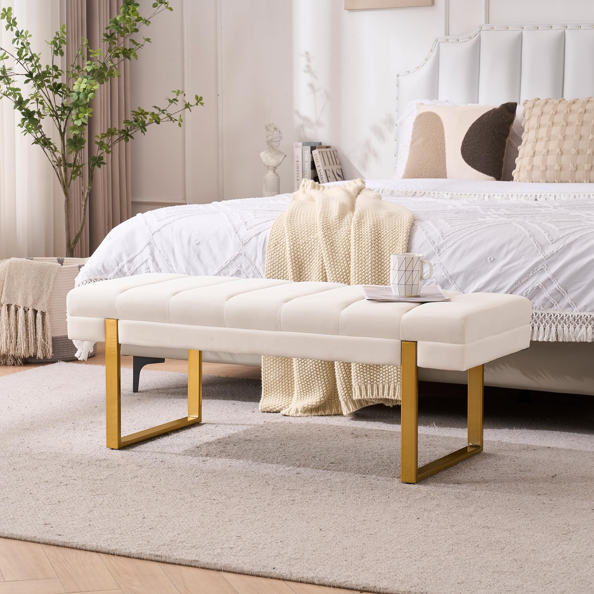Velvet Ottoman Bedroom Bench, 46.5" Tufted Padded End of Bed Bench with ...