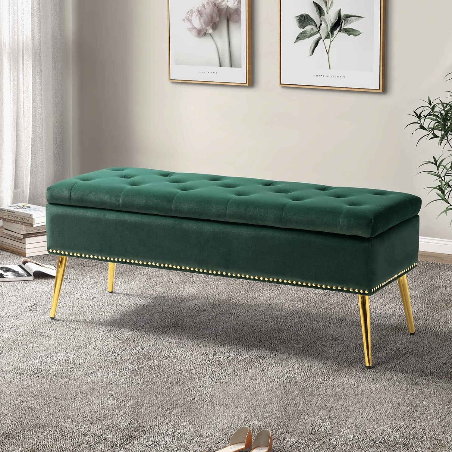 Velvet Ottoman Bench with Gold Base & Nailhead Trim Upholstered Bedroom ...